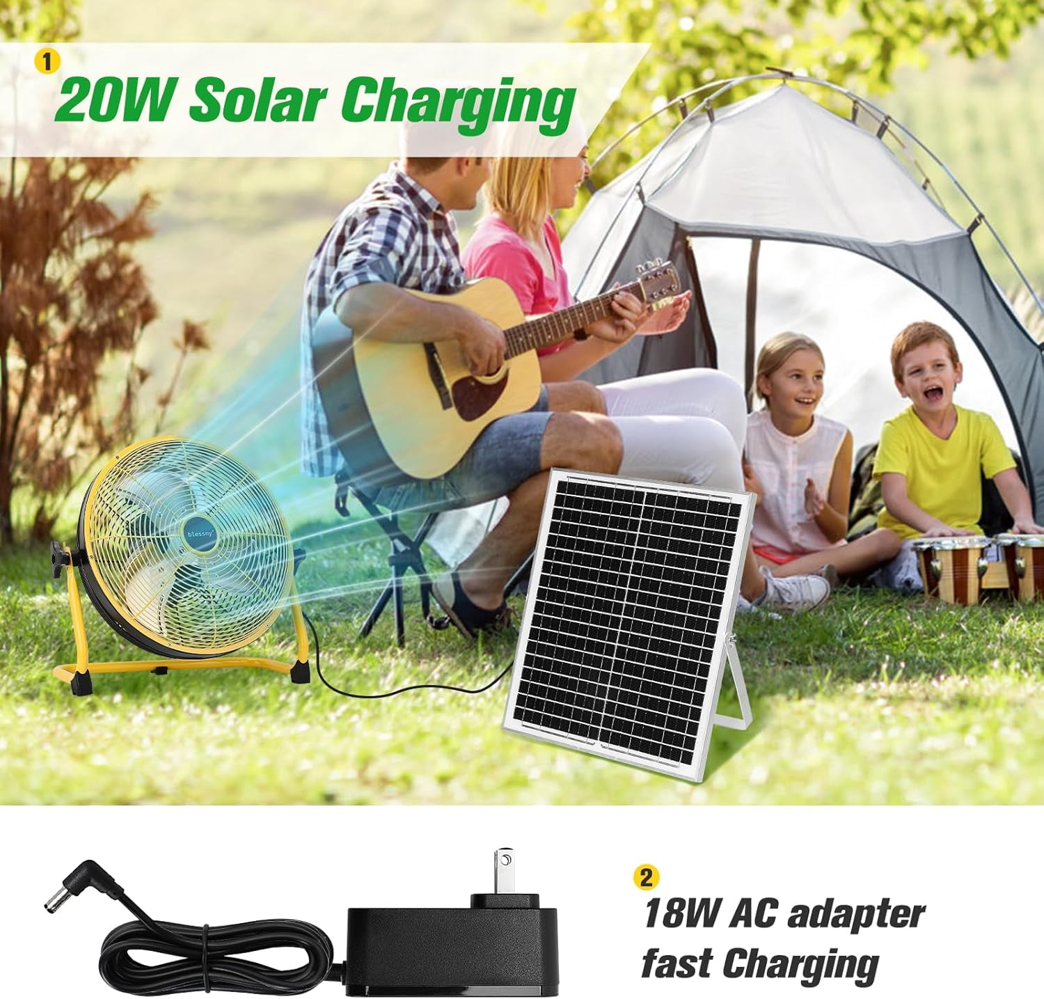 16" Large Solar Rechargeable Floor Fan, 15600 mAh 20W Solar Powered ...