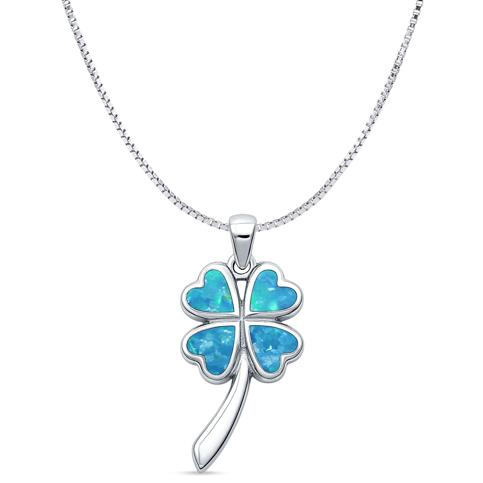 16" Long 1mm Box Chain- Lab Created Blue Opal Plumeria-Heart Pendant ...