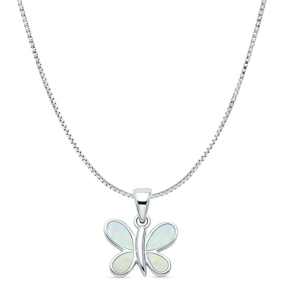 16" Long 1mm Box Chain- Lab Created White Opal Butterfly Pendant ...