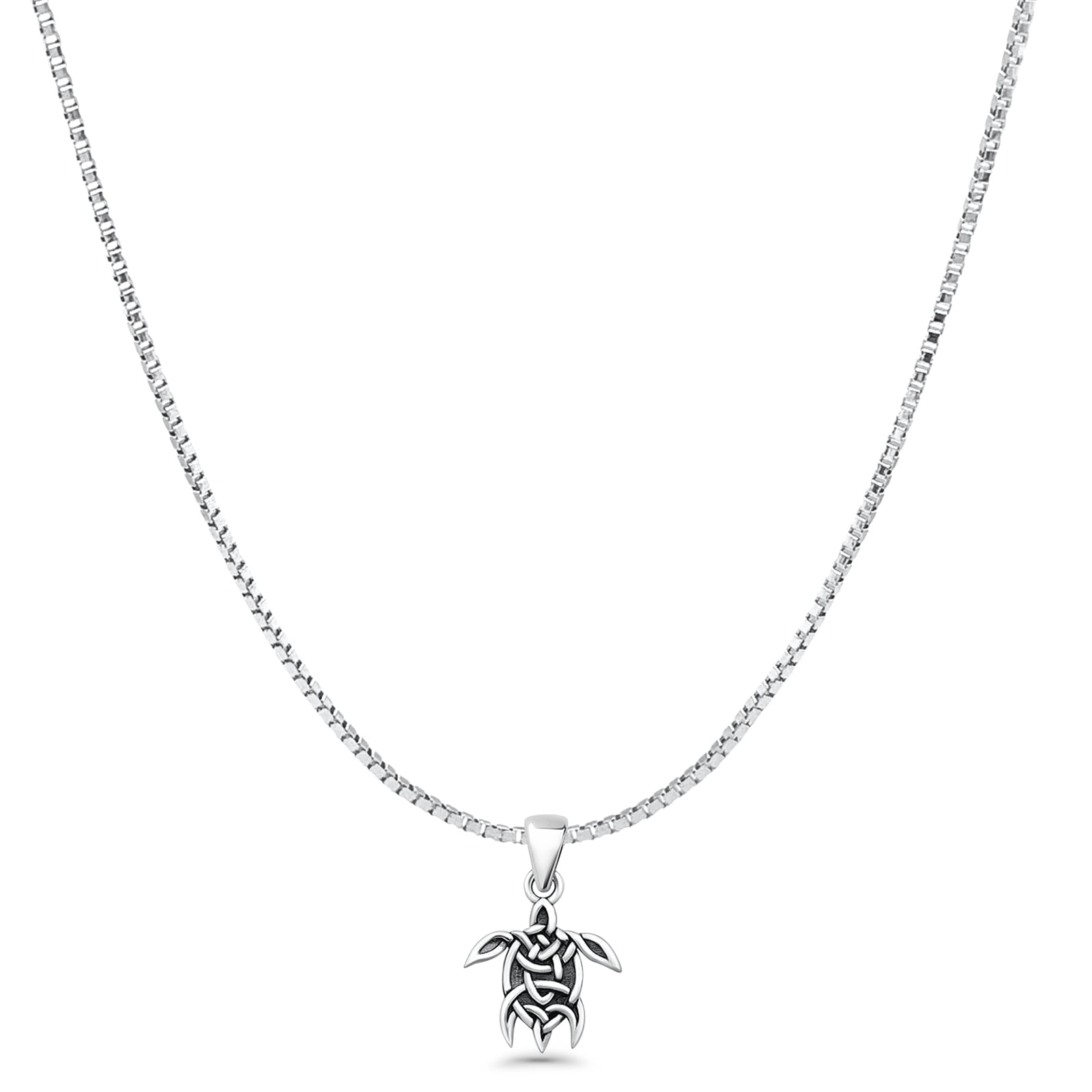 16" Long 1mm Box Chain- Turtle Pendant Necklace Oxidized Vintage Style ...