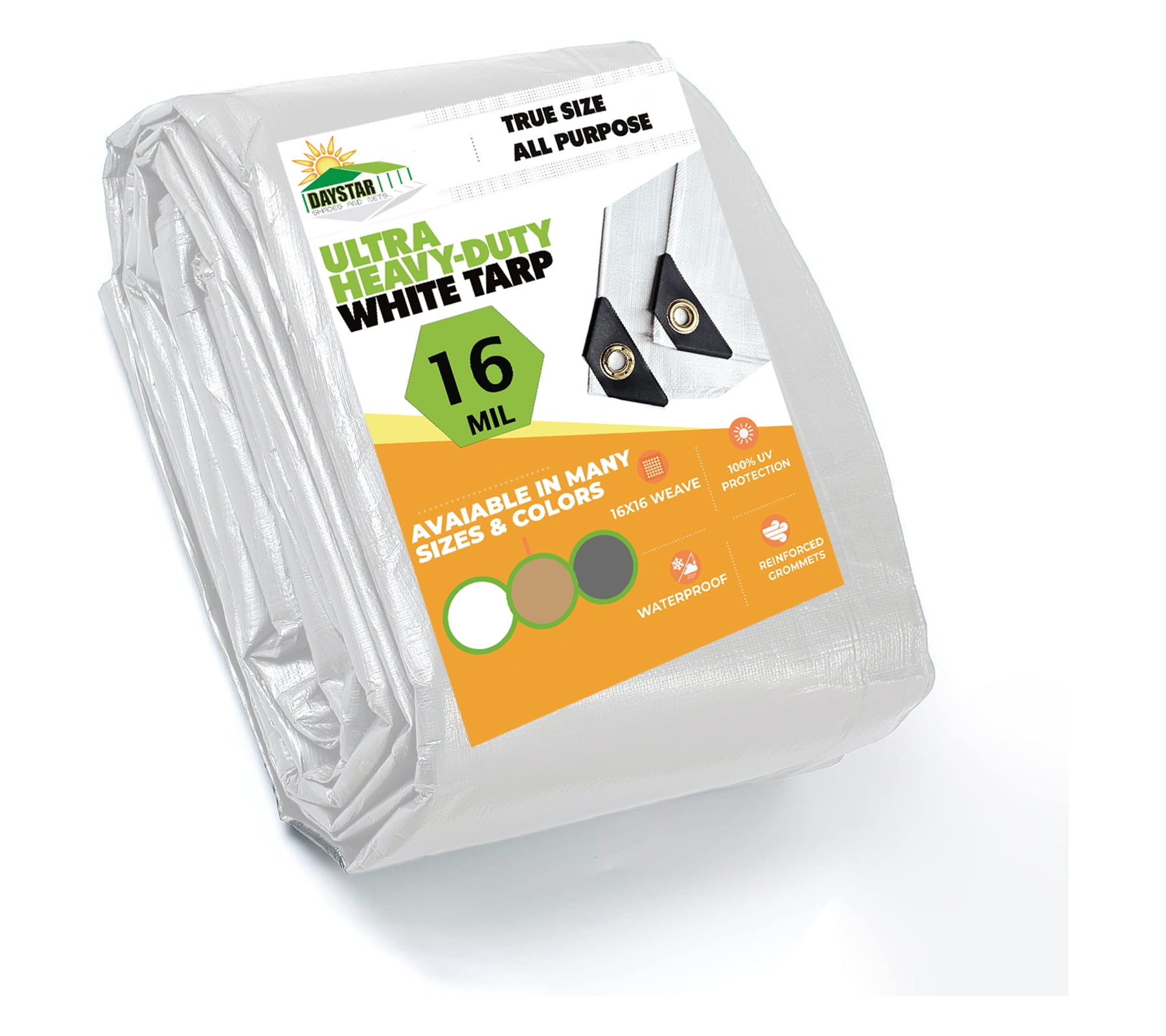16 MIL Thick Ultra Heavy Duty White Tarp 10'x10'(True Size) 3ply Waterproof 9.5 oz UV Protected ...