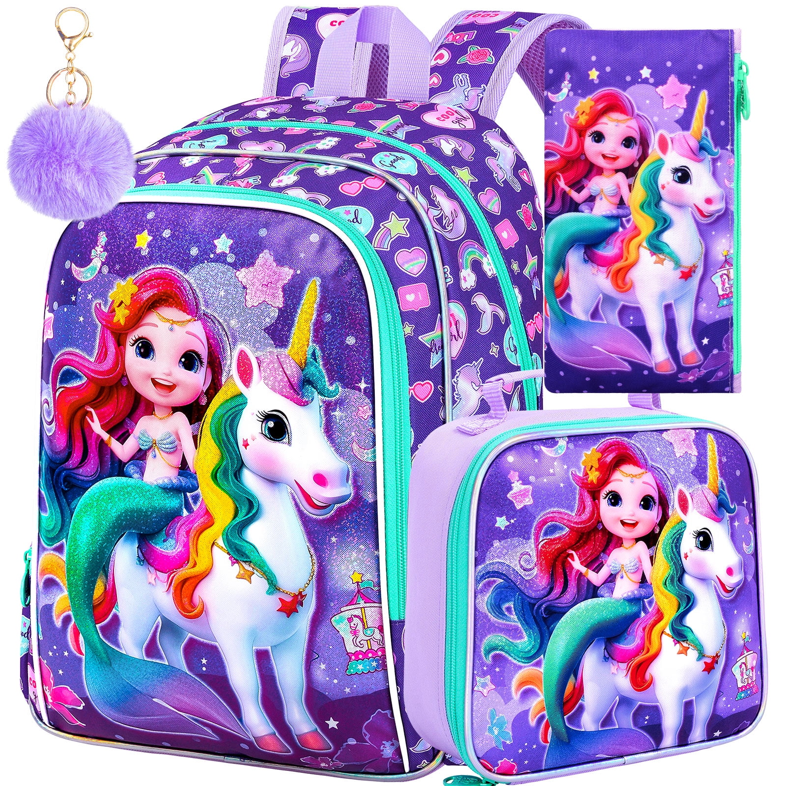 16" Mermaid Backpack for Girls, 3Pcs Unicorn Kids Bookbag with Lunch ...