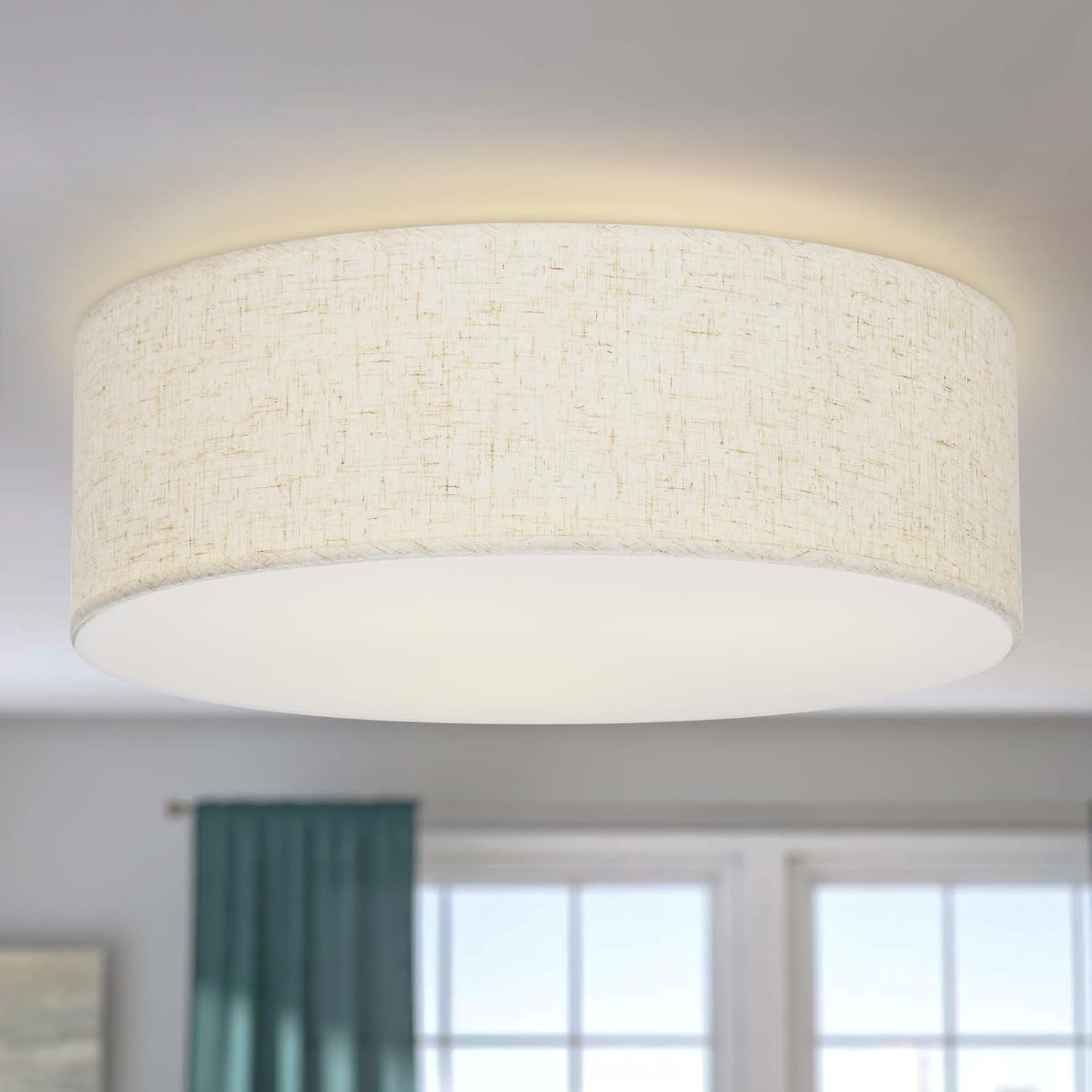 16'' Modern Flush Mount Ceiling Light with Double Linen Fabric Shade, 3 ...
