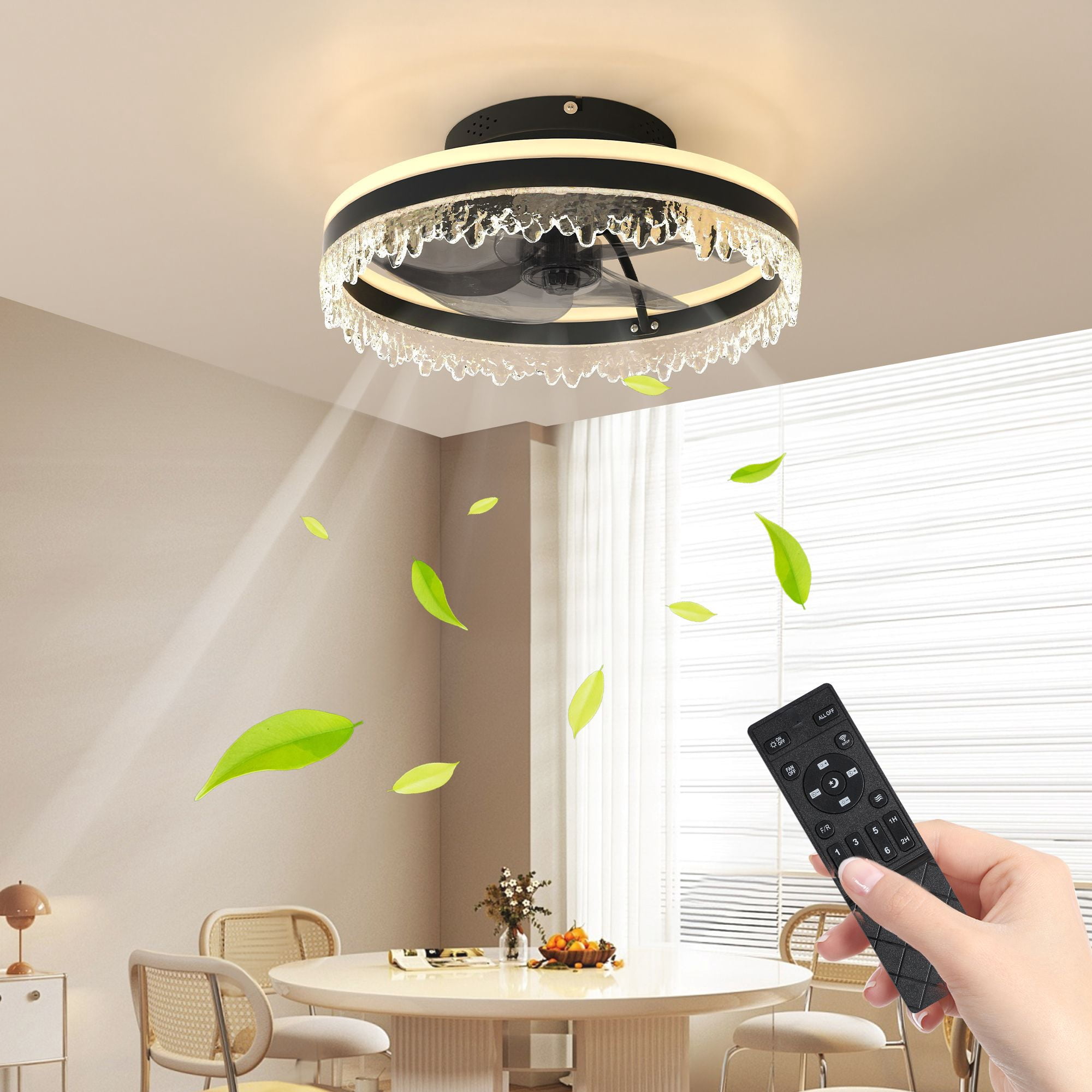 16" Modern LED Ceiling Fan with Light, Crystal Design, Invisible Blades ...