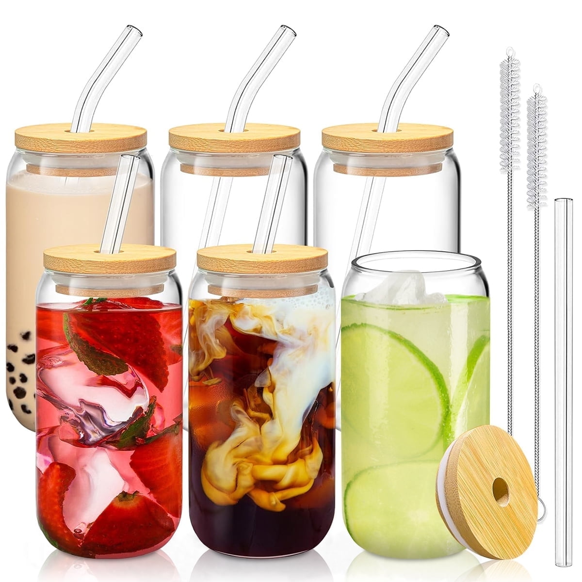 Xueyu 16 OZ Can Shaped Glass Cup Set with Bamboo Lids, Glass Straws ...