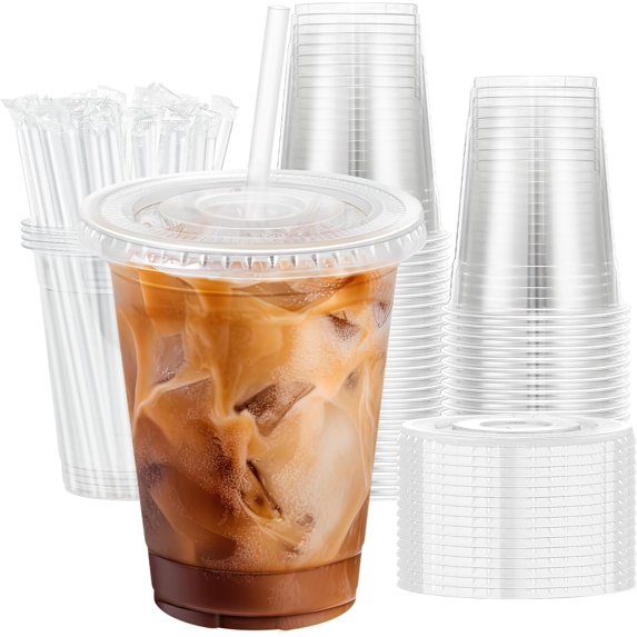 16 OZ Clear Plastic Cups with Lids and Straws 50 Pack, Disposable Iced ...