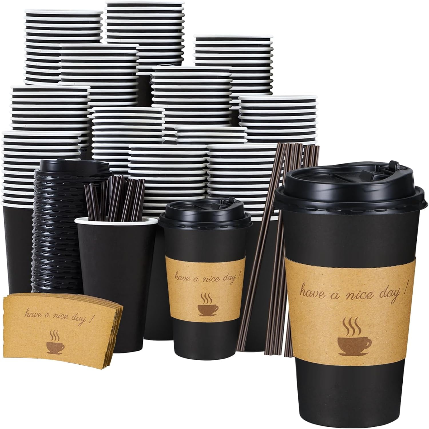 16 OZ Coffee Cups 50 Pack, 16 Ounce To Go Cups with Lids, Stir Sticks ...