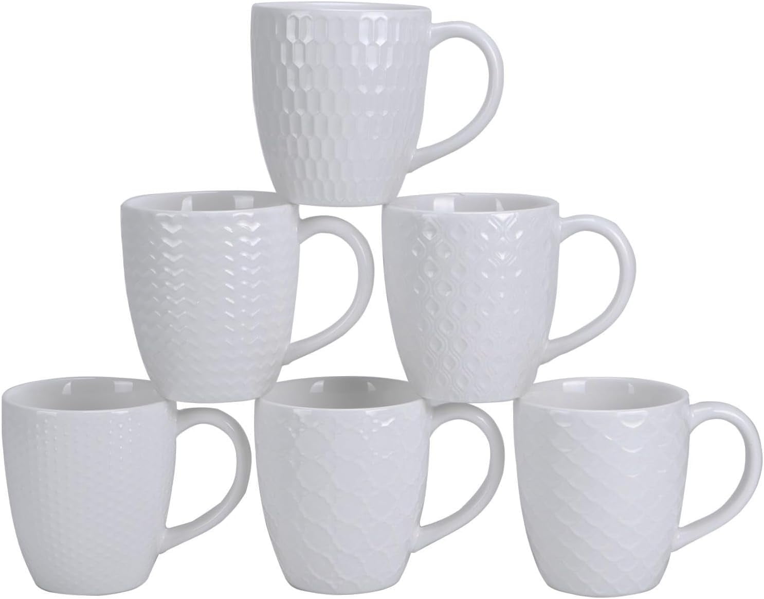 16 OZ Coffee Mugs Set of 6, White Ceramic Coffee Mug, Geometric Pattern ...
