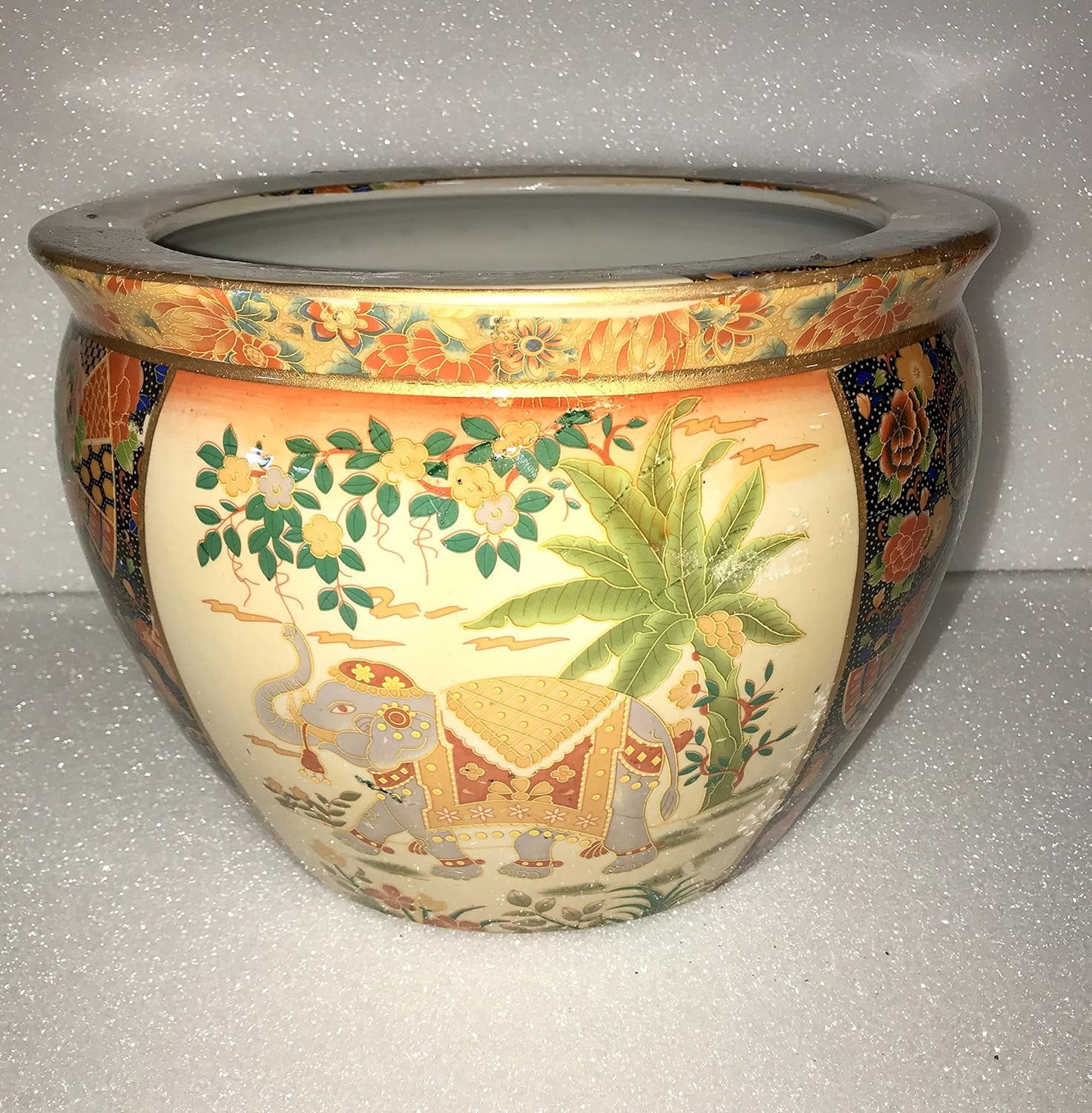 16" Oriental Asian Elephant Themed Jardiniere Planter Plant Pot Satsuma ...