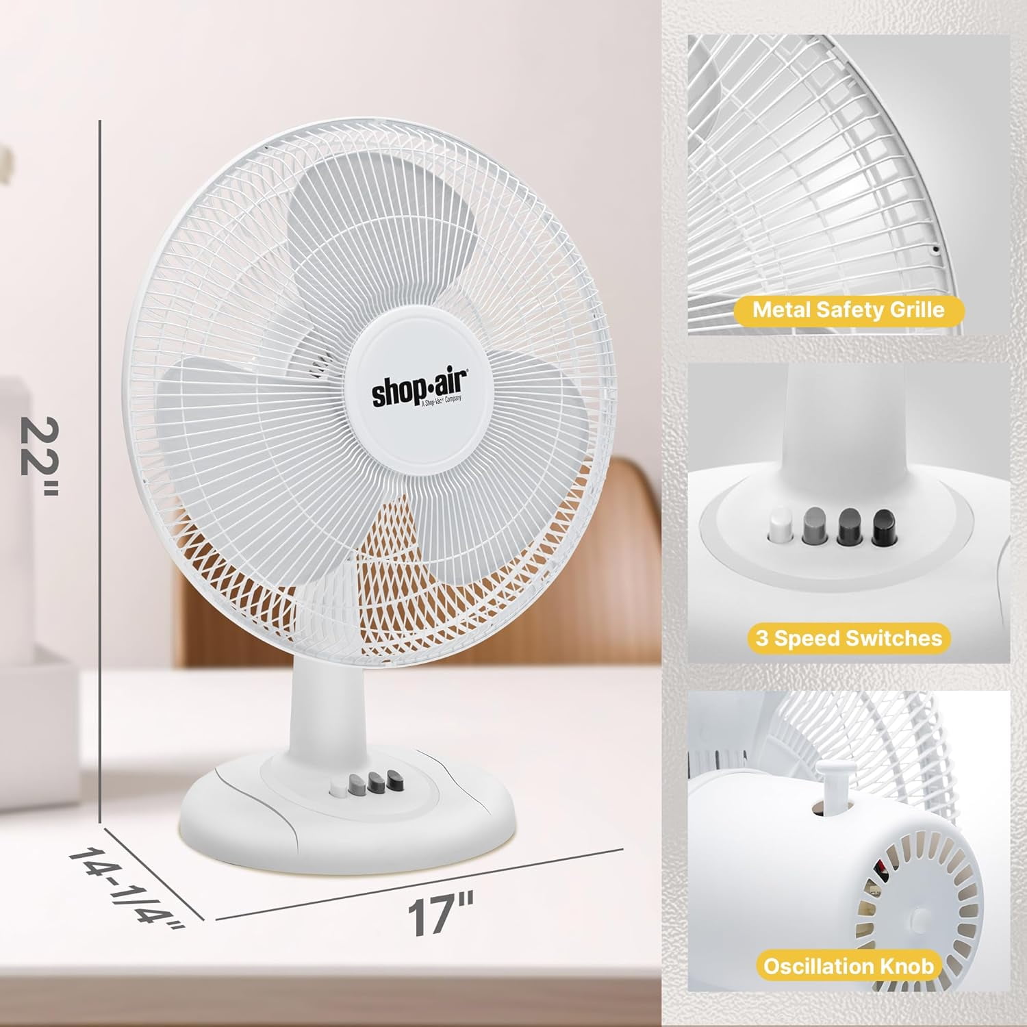 16" Oscillating Table Fan, 3 Speeds, High- Airflow, Quiet & Powerful ...