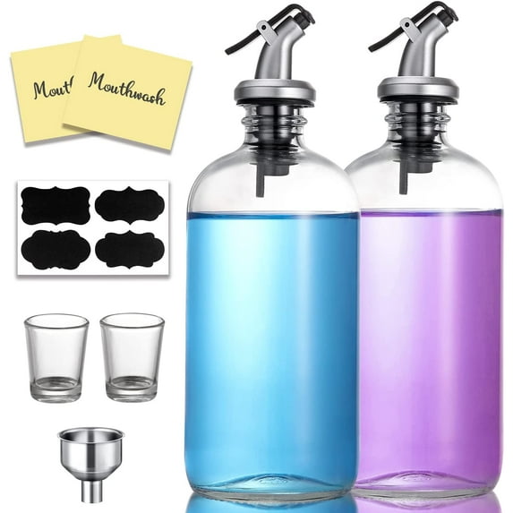 16-Ounce Glass Mouthwash Dispenser - Clear Bottle with Pour Spout, Shot ...