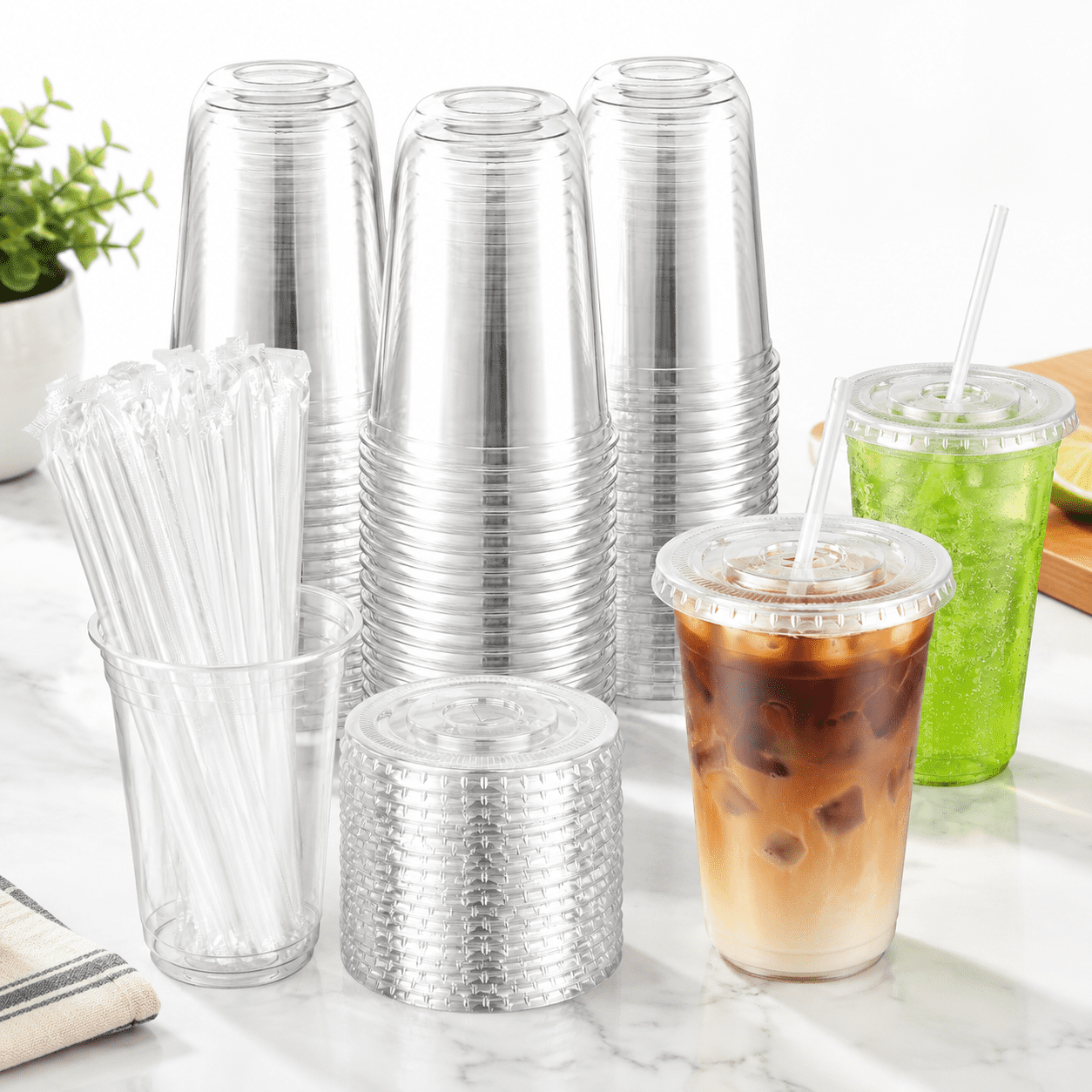 16 Ounces 50 Pack Clear Disposable Plastic Cups with Lids and Straws ...