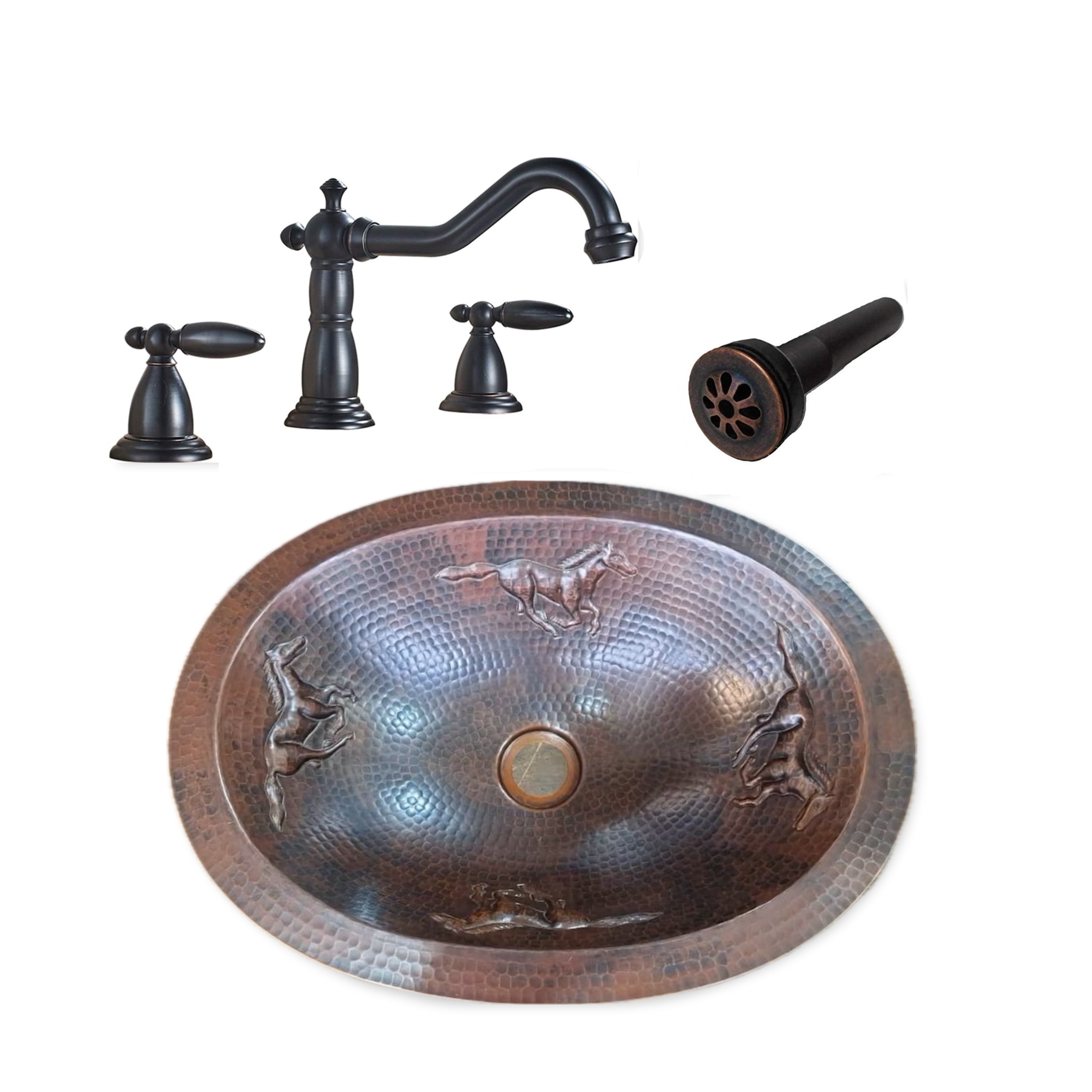 16" Oval Copper Bath Sink HORSE Design Matching Faucet & Drain ...