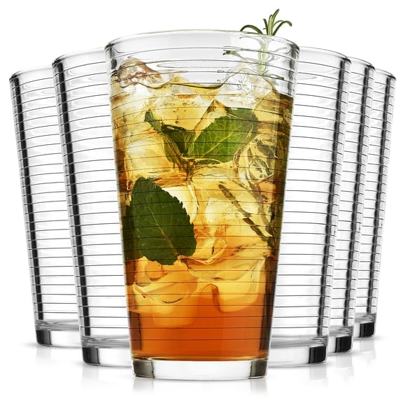 16 Oz Drinking Glasses Set Of 6 Ribbed Design Highball Glassware For ...