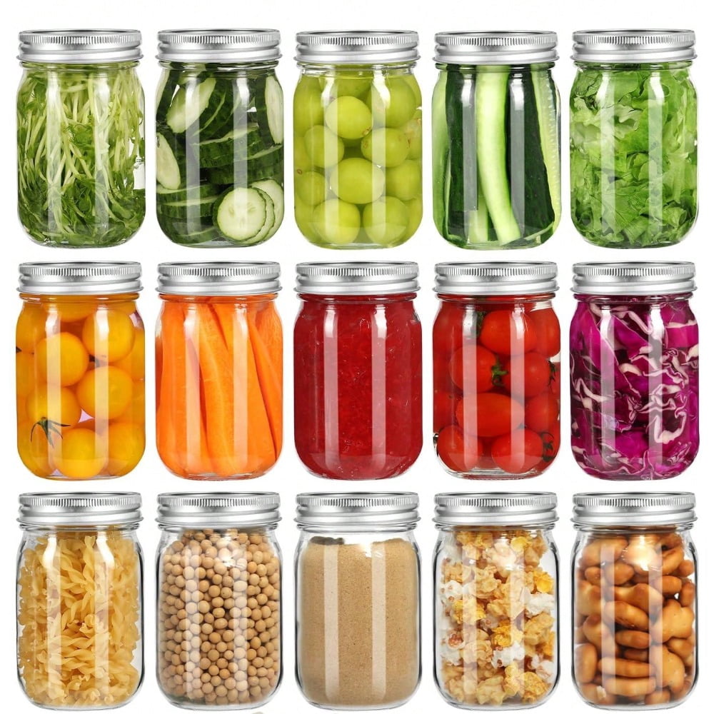16 Oz Jars Set 12 Pcs - 6 Regular Mouth Jars + 6 Airtight Lids And ...