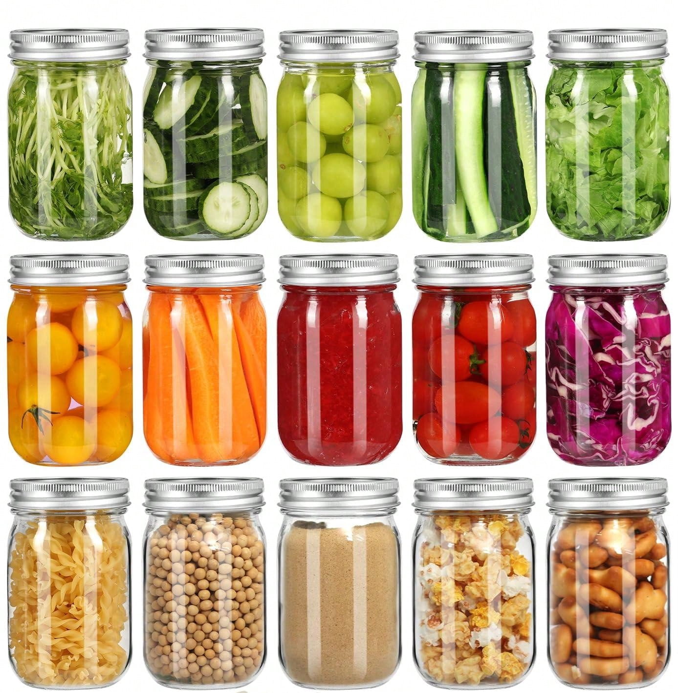 16 Oz Mason Jars Set 12 Pcs - 6 Regular Mouth Jars + 6 Airtight Lids ...