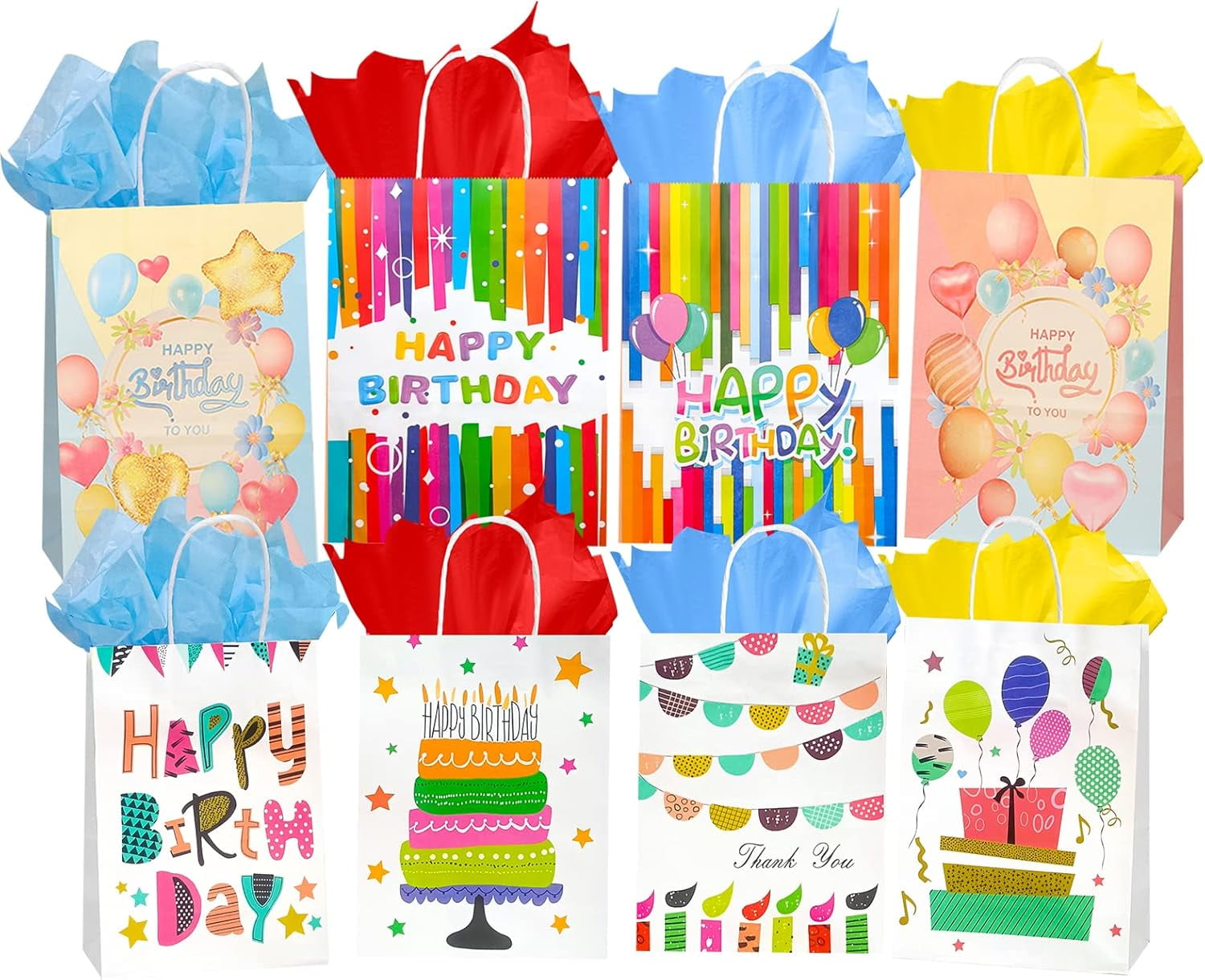 16 PCS Birthday Gift Bags with Handle and Tissues, Gift Bags Assorted ...