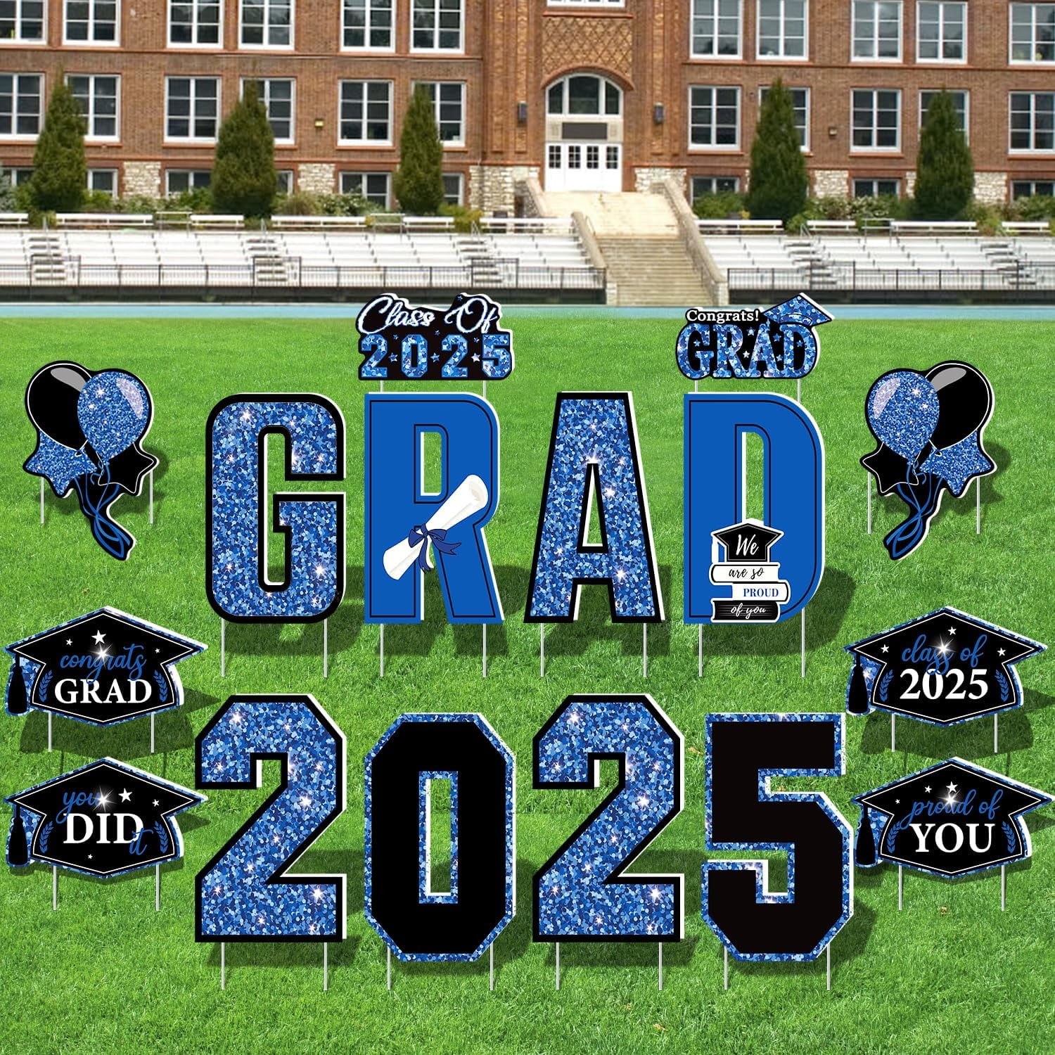 16 PCS Graduation Yard Signs, Blue Graduation Yard Signs Class Of 2025 ...