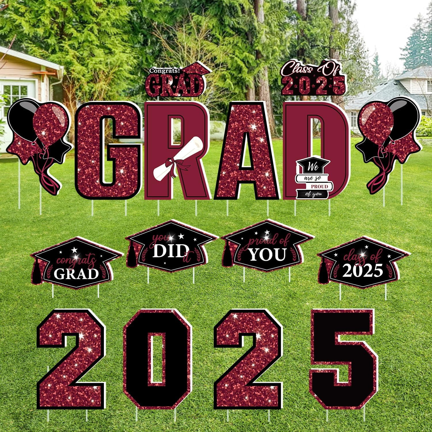 16 PCS Graduation Yard Signs, Wine Graduation Yard Signs Class Of 2025 ...