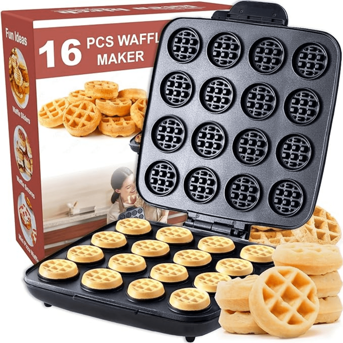 16 PCS Mini Waffle Maker Machine, Nonstick Waffles Iron Quick Heat-Up ...