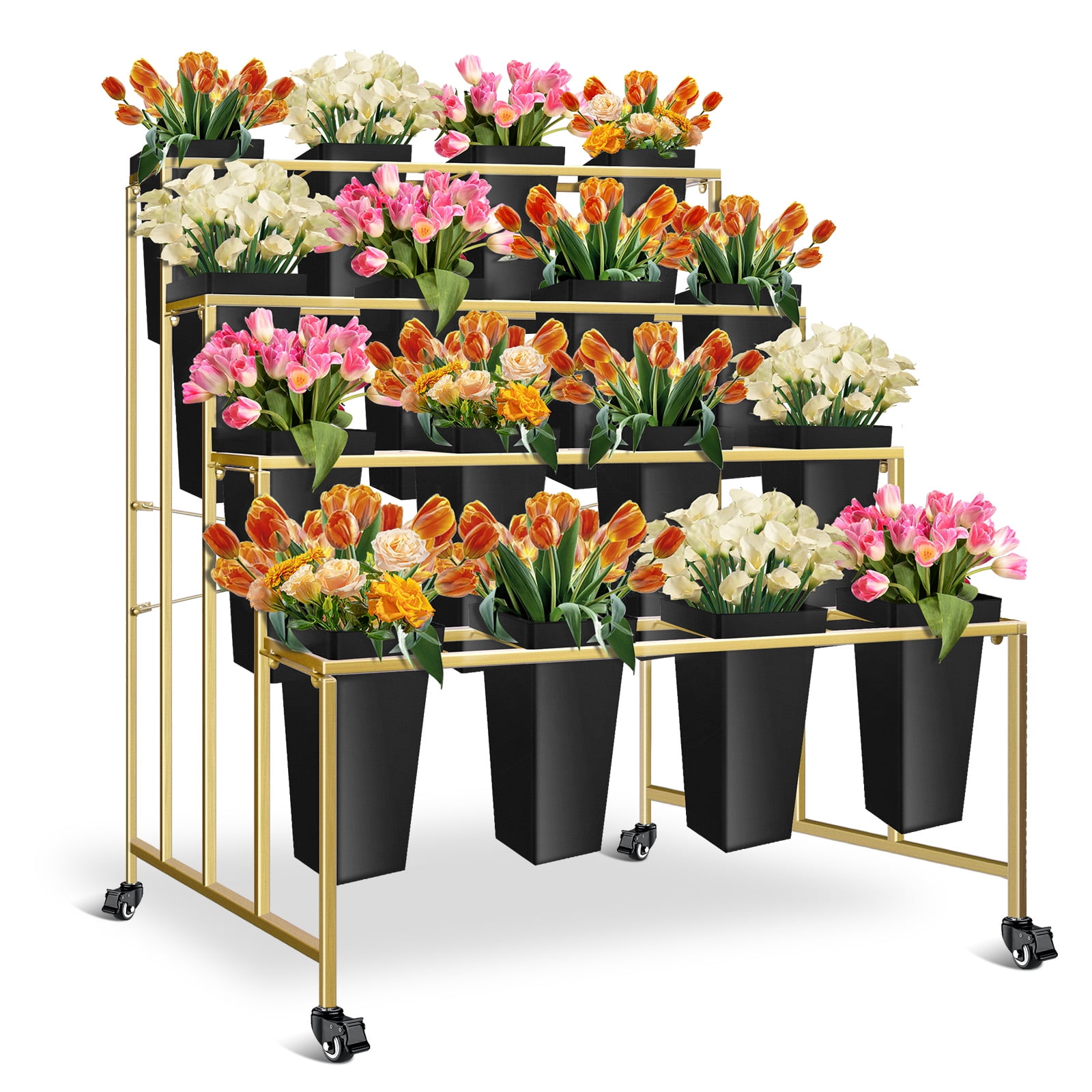 16 PCS Square Buckets Movable Metal Black Flower Display Plant 4 Layers ...