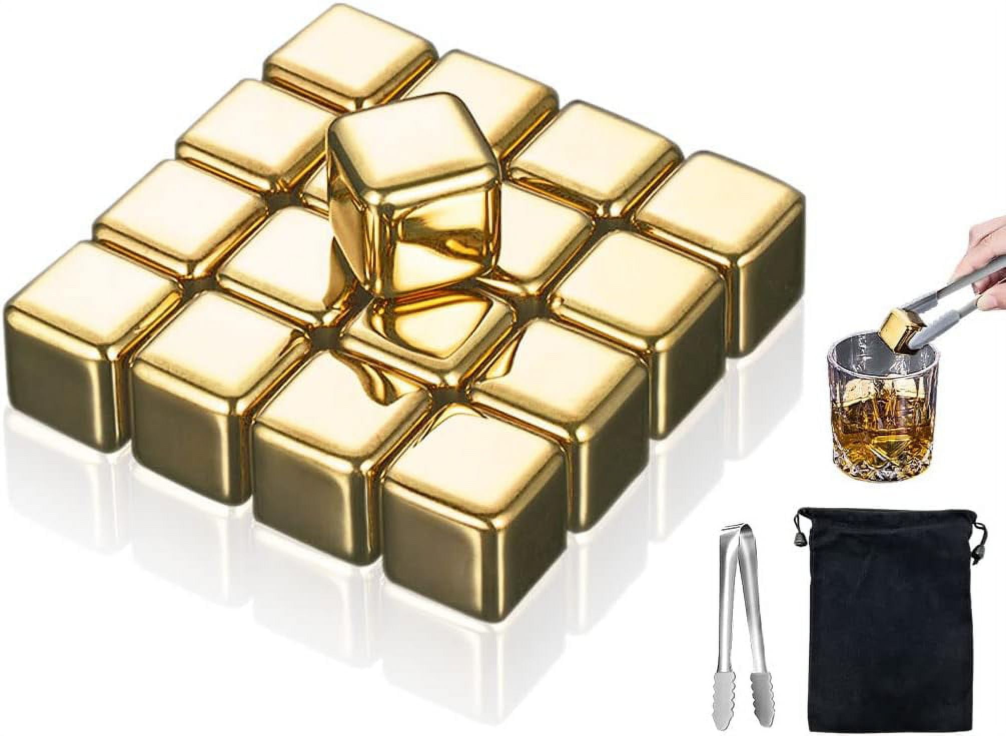 16 PCS Stainless Steel Whiskey Golden Ice Cubes,Gold Stainless Steel ...