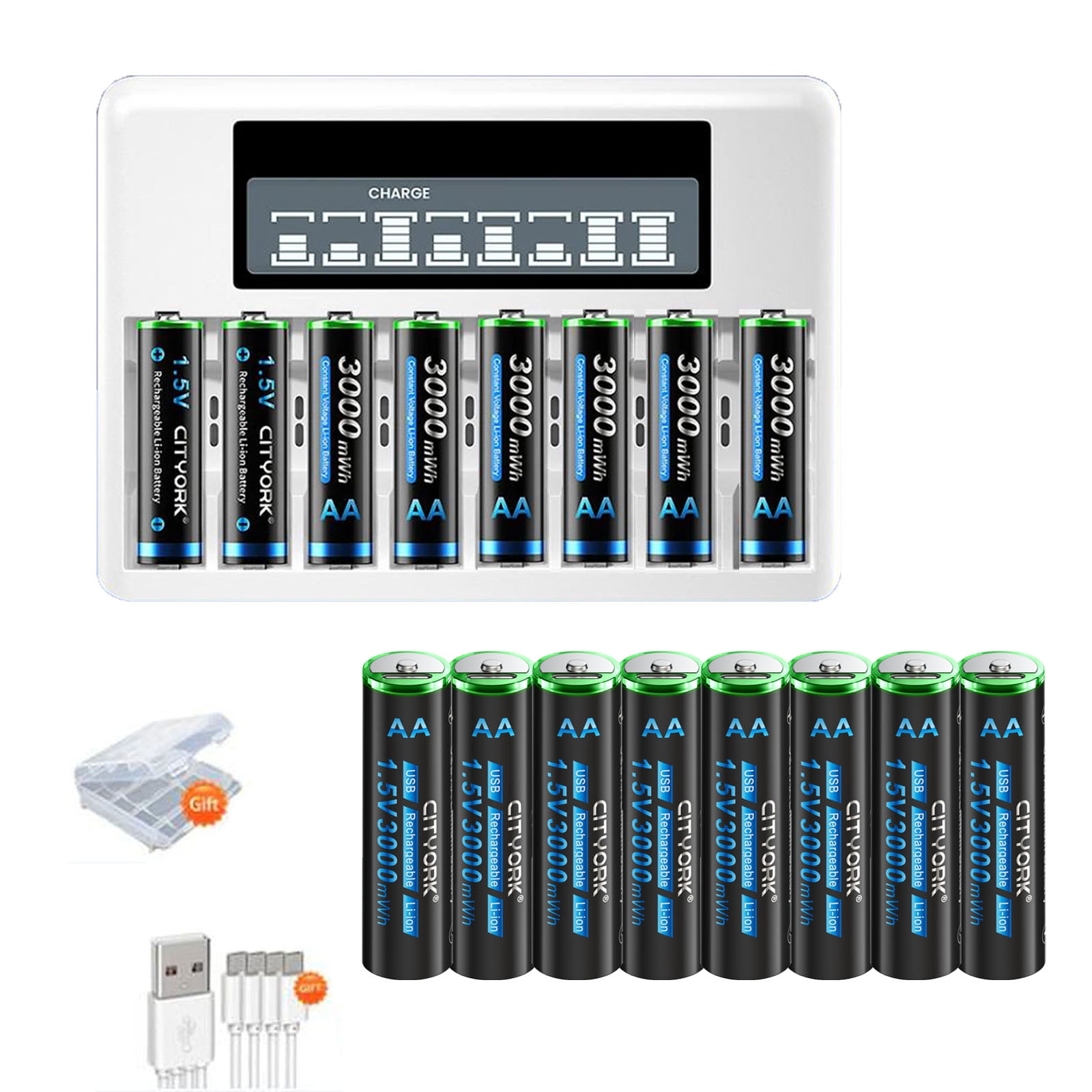 16 Pack 1.5 V AA Batteries 3000mWh Lithium Battery with LCD Display ...