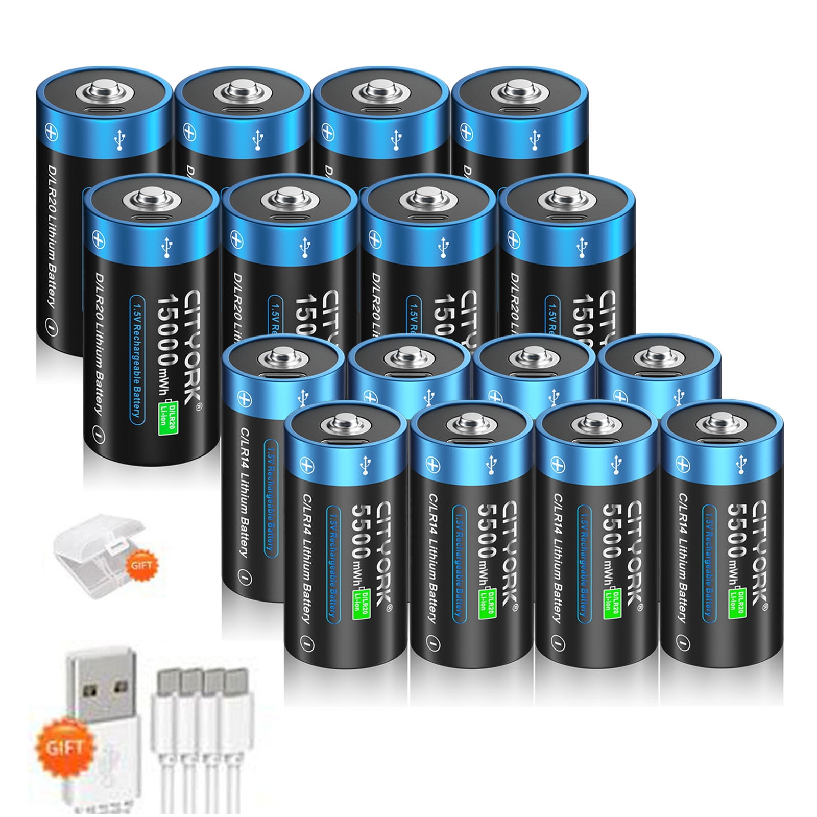 16 Pack 1.5V USB Lithium High Capacity Battery, 8 Pack 5500mWh C Size ...