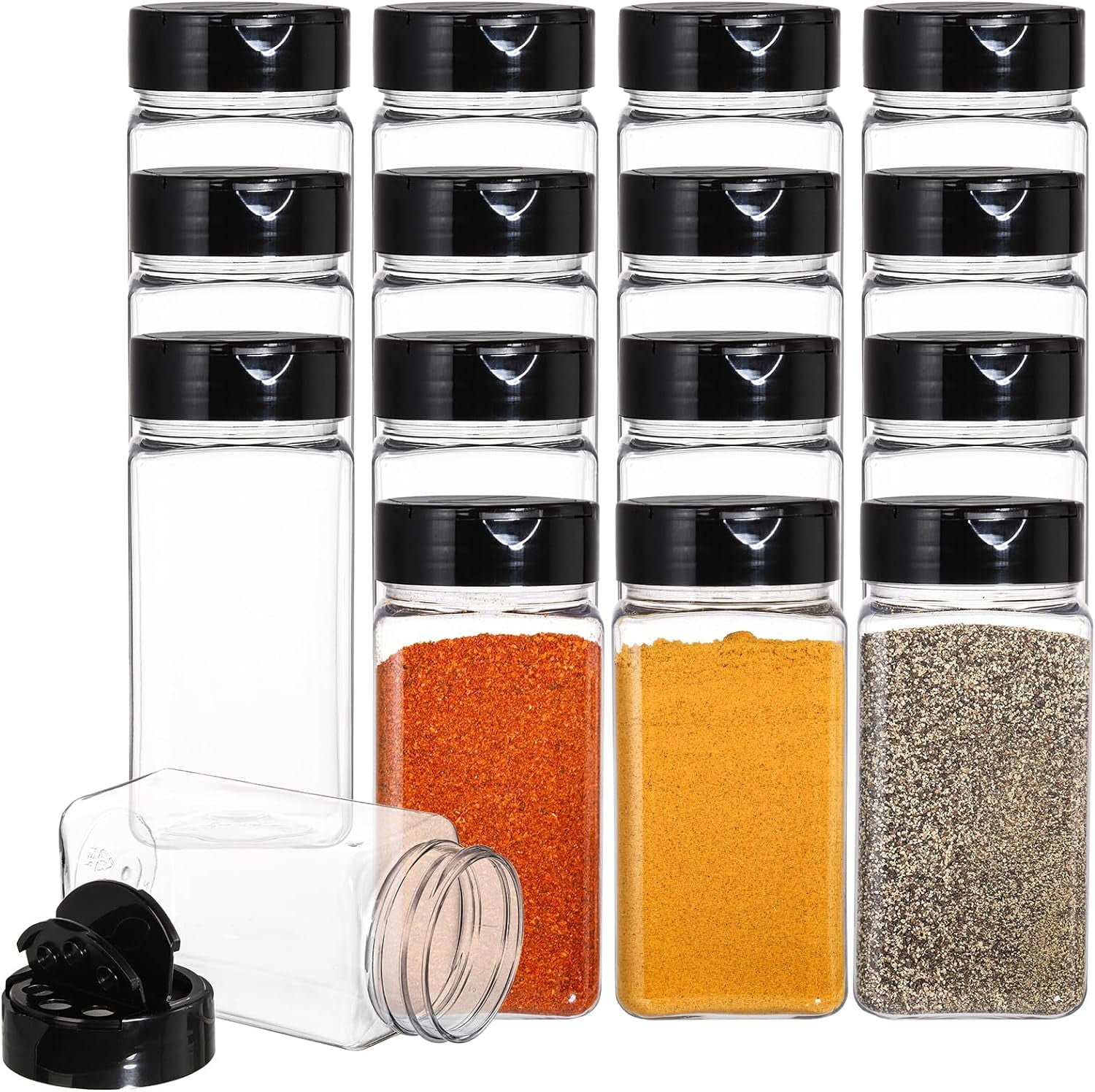 16 Piece 9 oz Plastic Spice Bottles with Black Lids, Empty Clear ...