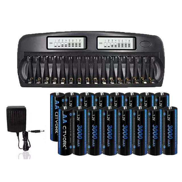 16 Pack AA Batteries 3000mAh Ni-MH Rechargeable Batteries with 16 slot battery charger with ...