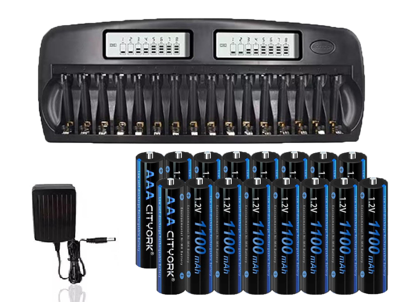 16 Pack AAA 1100mAh Ni-MH Rechargeable Batteries with 16 slot battery charger with discharge ...