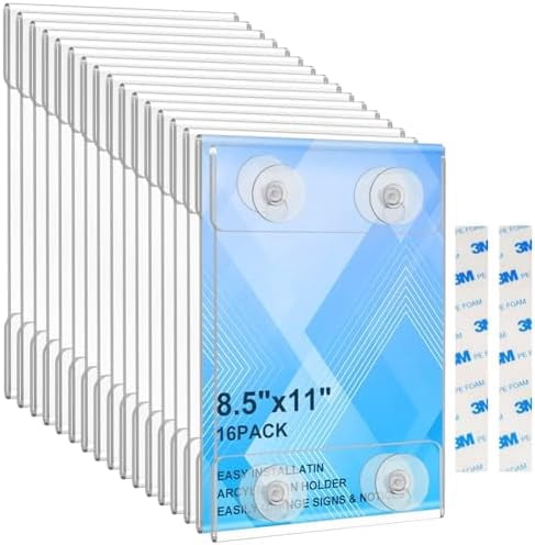 16 Pack Acrylic Window Sign Holder with 4 Suction Cups, 8.5 x 11 Clear ...