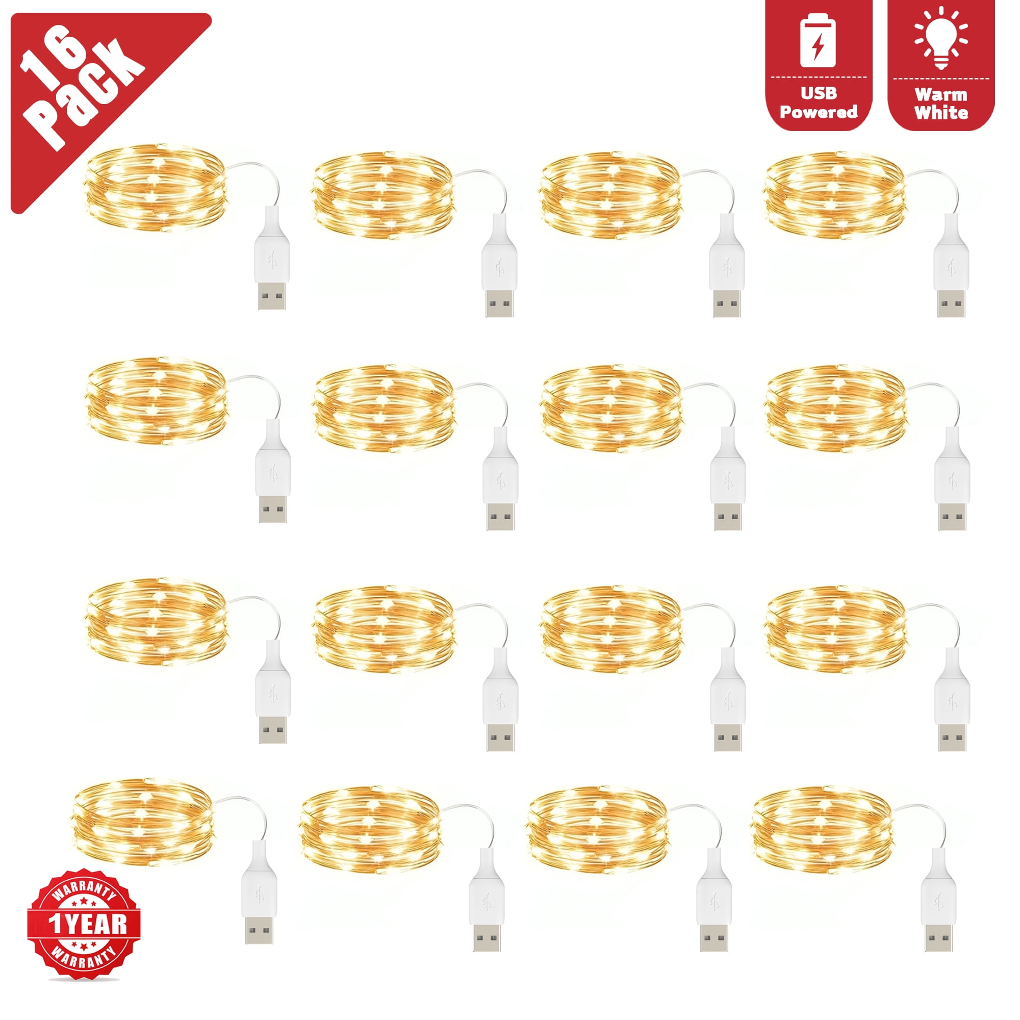 16 Pack USB Fairy Lights - 7 Ft 20 LED Mini String Lights for Christmas ...