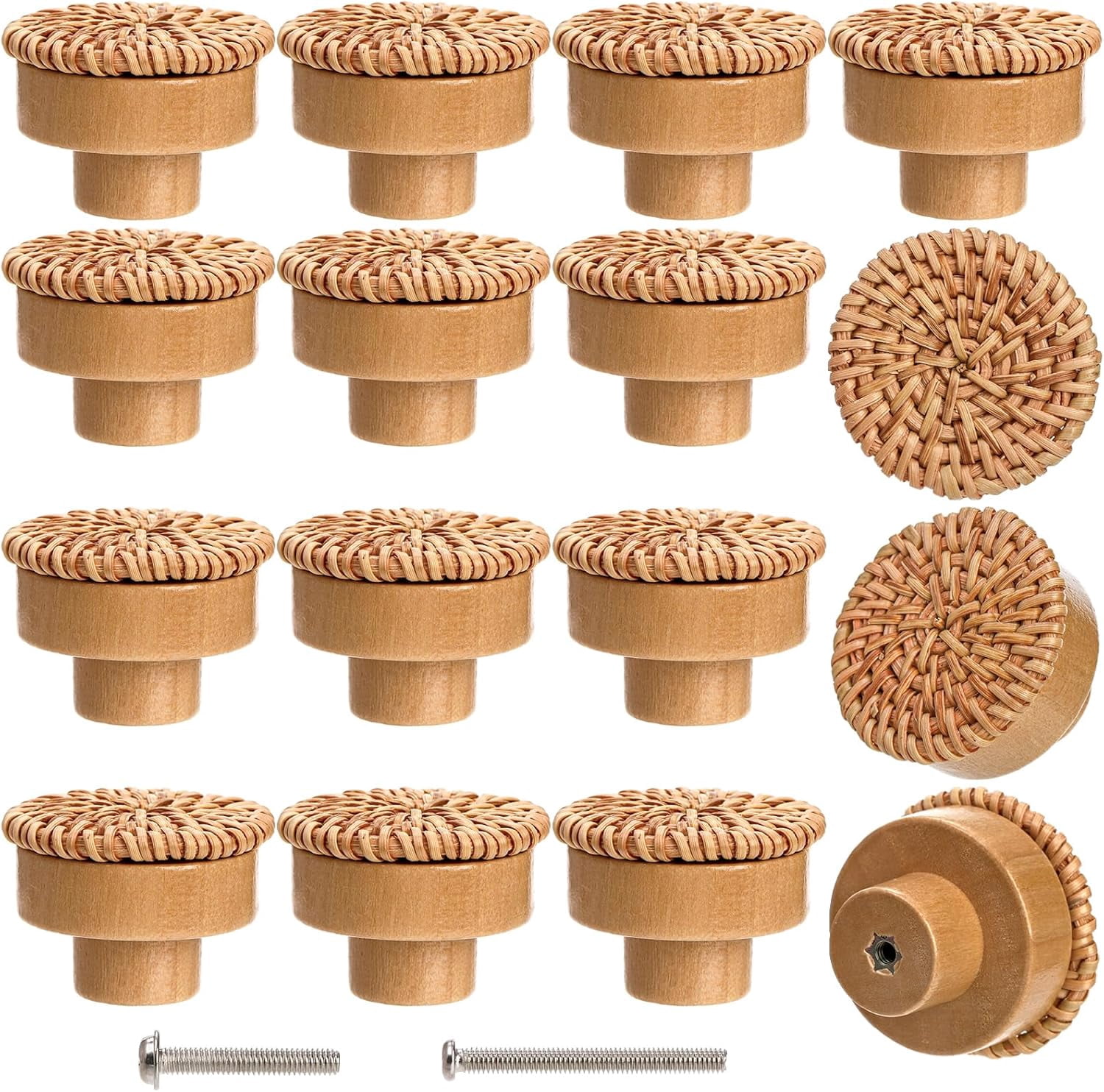 16 Pack Boho Rattan Dresser Knobs, Round Cabinet Knobs Wood Furniture ...