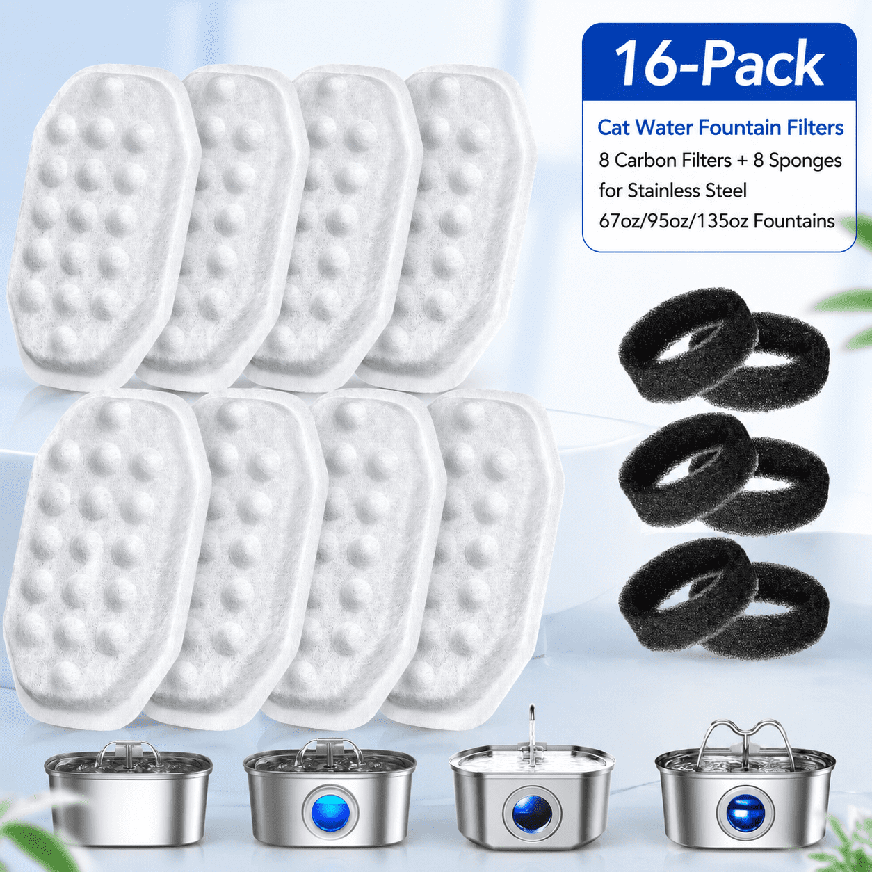 16-Pack Cat Water Fountain Filters, 8 Carbon Filters + 8 Sponges for ...