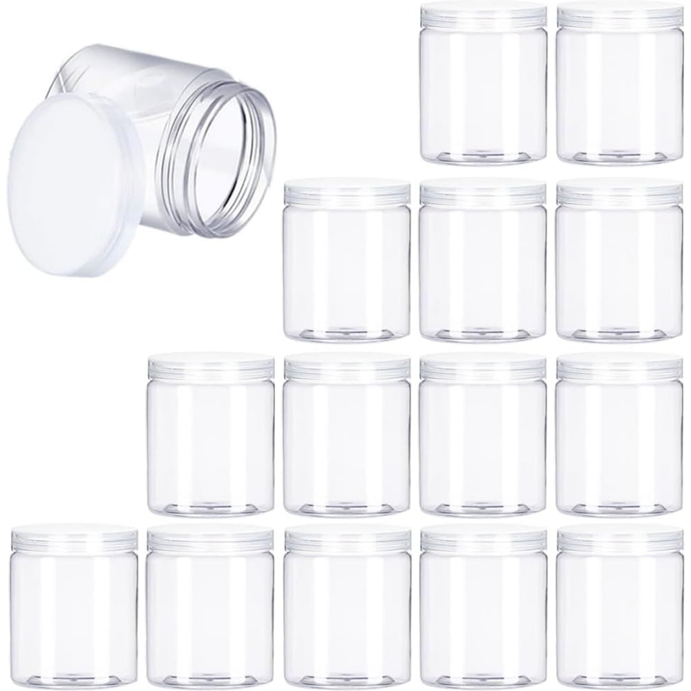 16 Pack Clear Plastic Jars with Lids, Round Wide Mouth Empty Containers ...