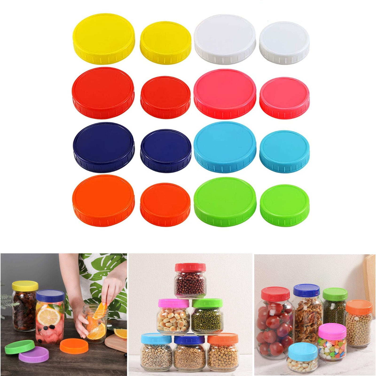 16-Pack Colored Plastic Jar Lids – 8 Wide Mouth (86mm) & 8 Regular ...