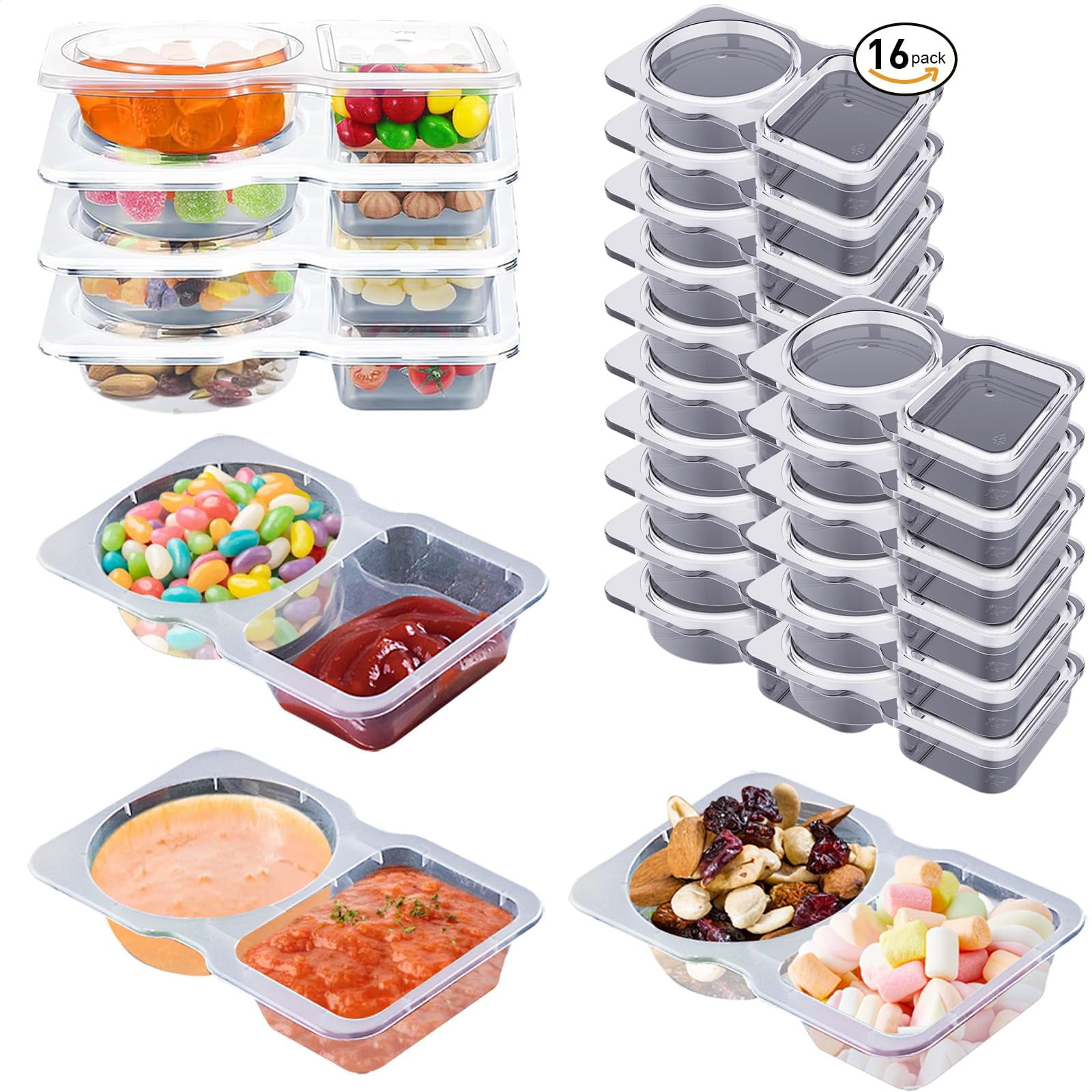 16 Pack Double Compartment Condiment Containers with Lids, Portable ...