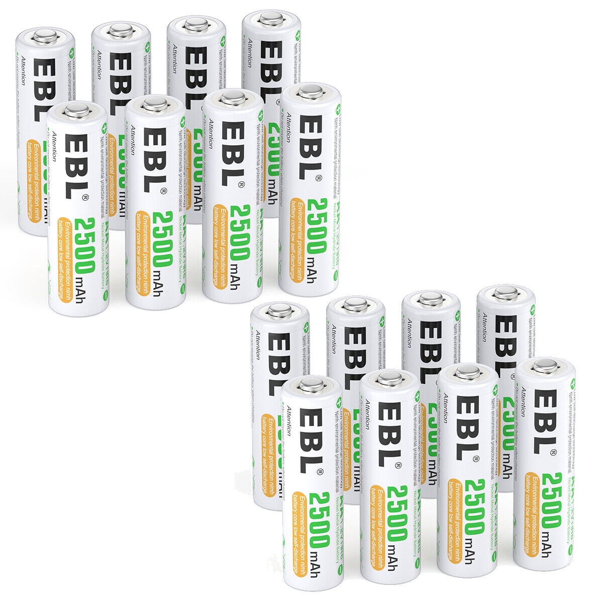 16 Pack EBL AA NiMH Rechargeable Batteries 1.2V 2500mAh High ...