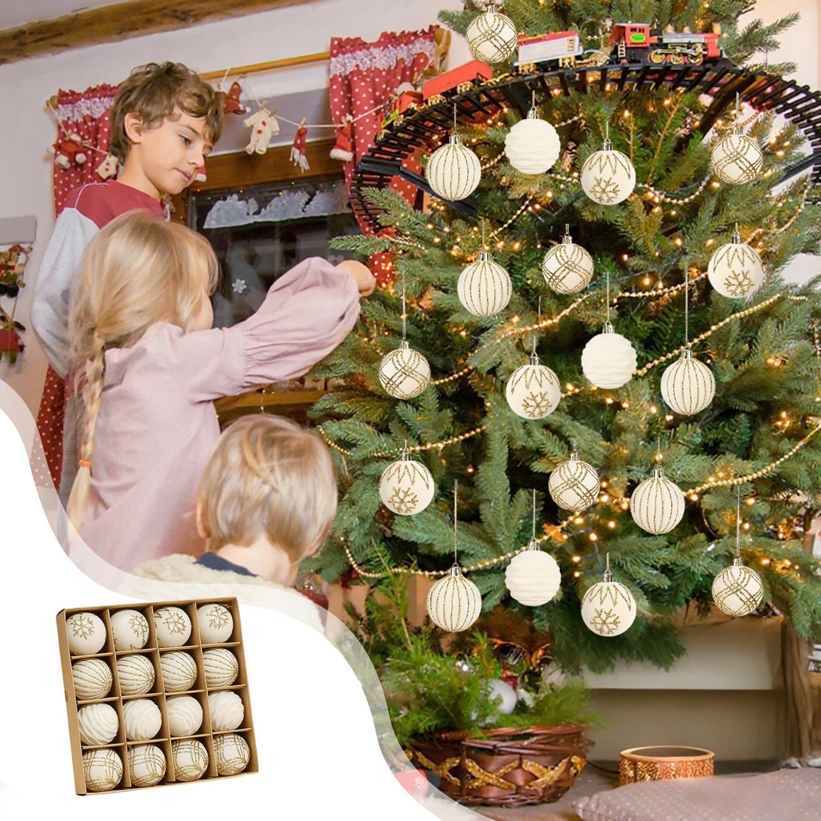 16 Pack Flocked Christmas Ornaments Set,6cm Red Green Beige Pink ...