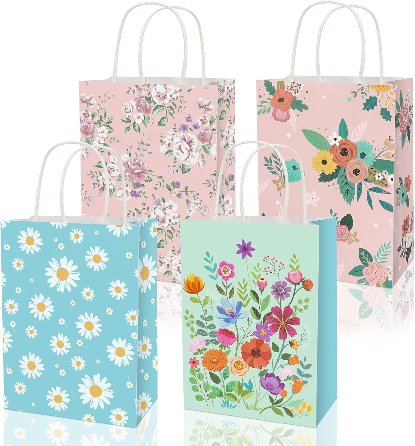 16 Pack Floral Gift Bags, Pink and Blue Wildflower Goodie Bags with ...