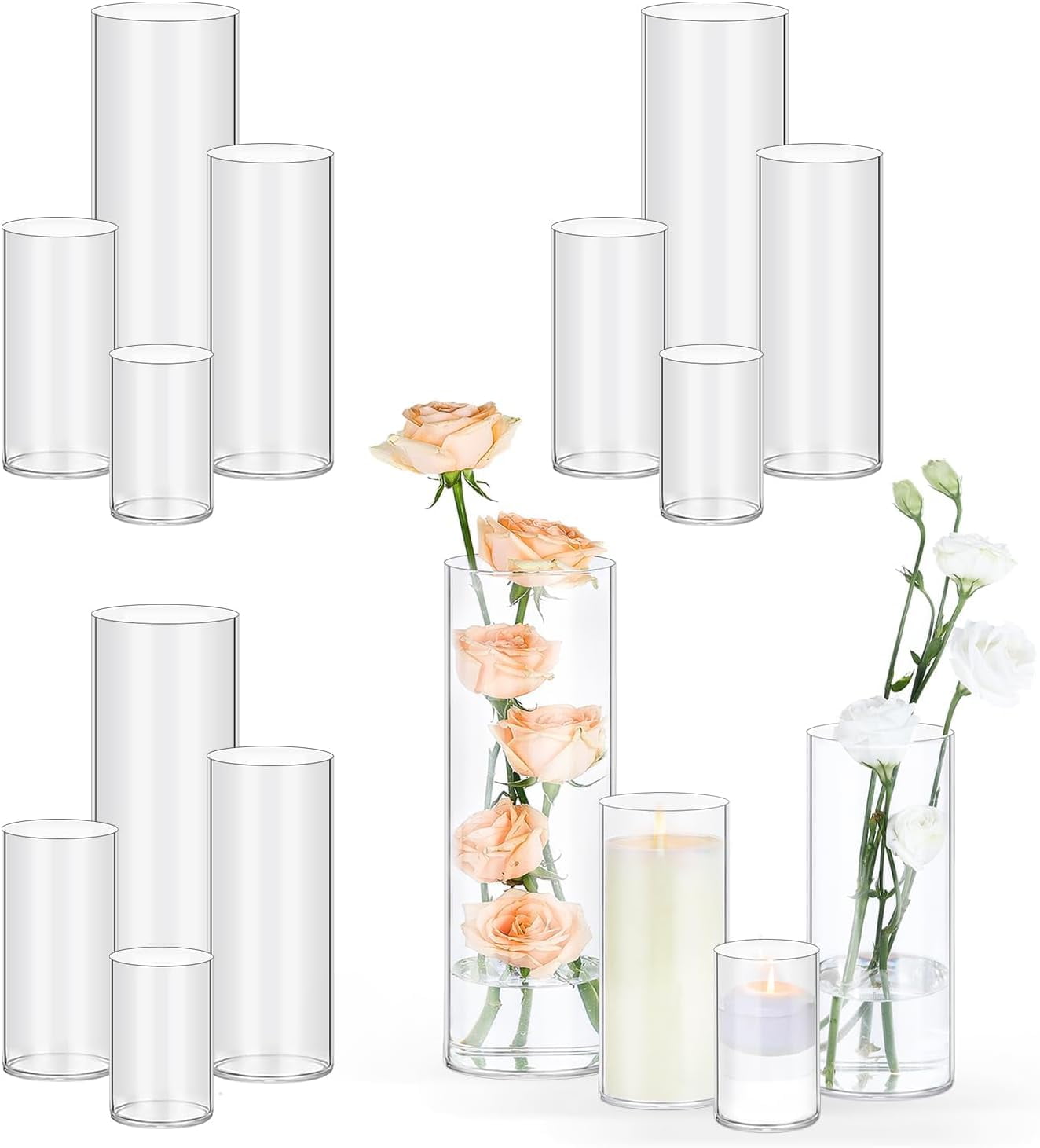 16 Pack Glass Cylinder Vases 4, 6, 8, 10 Inch Tall Clear Flower Vases ...