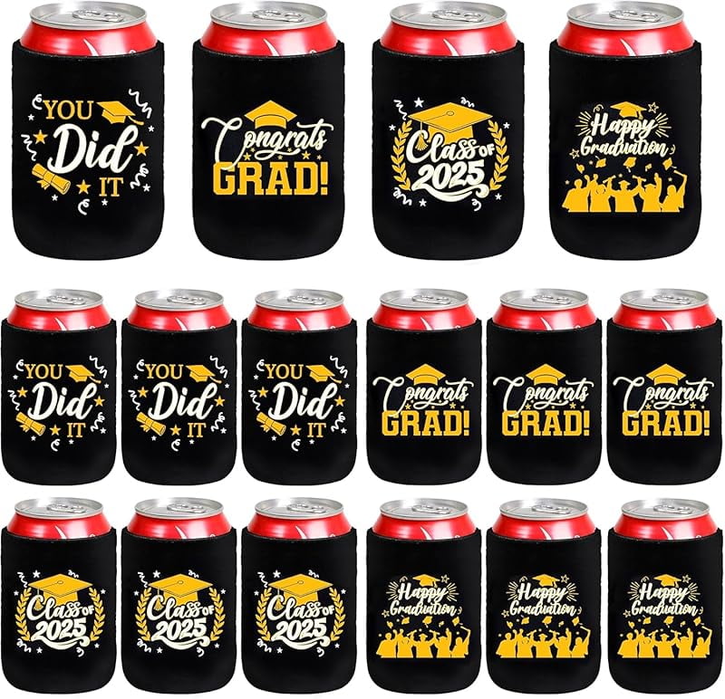 16 Pack Graduation Can Cooler Sleeves, Black Graduation Party ...