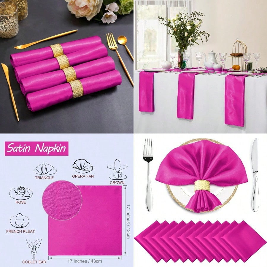 16 Pack Hot Pink Satin Napkins 17 x 17 Inch Square Silky Cloth Table ...