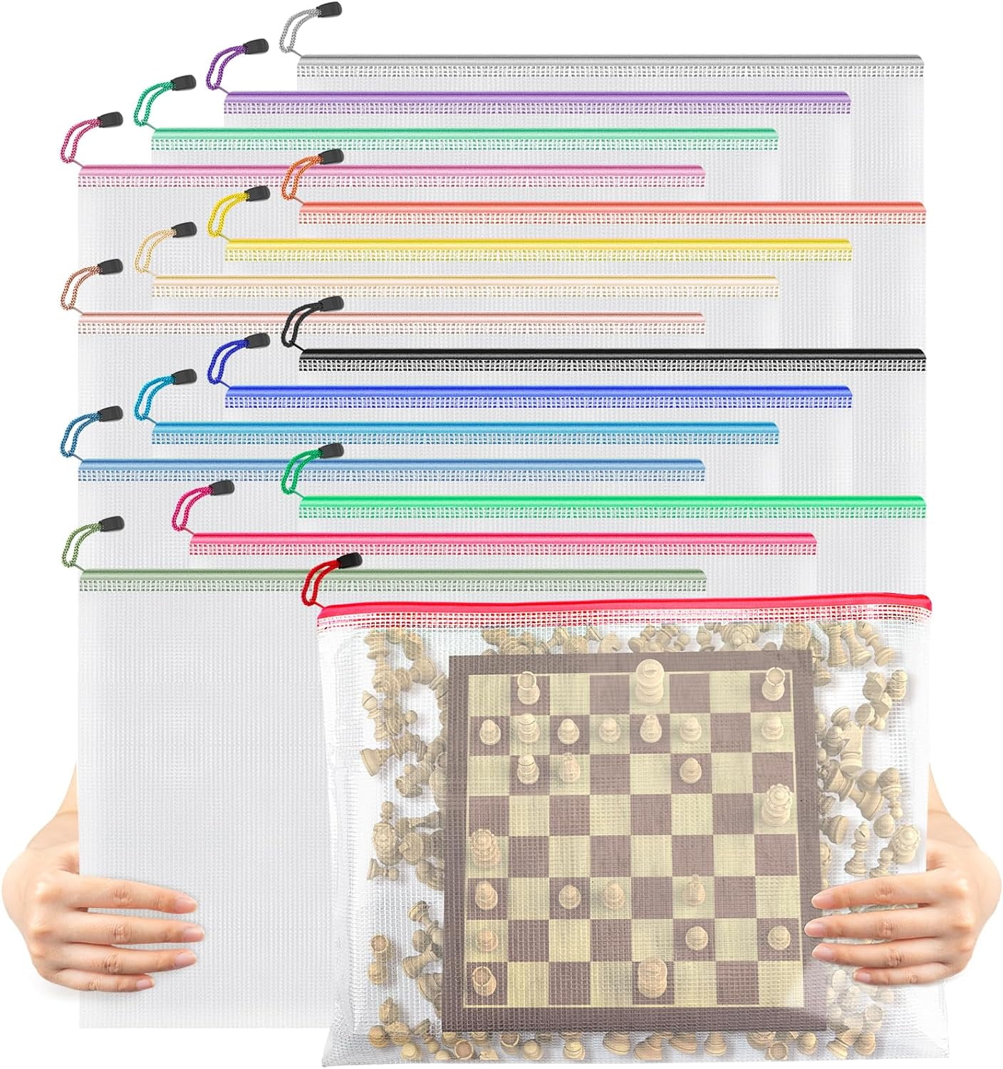 16 Pack Large Zipper Bags 16.9x12.4 in, A3 16 Colors Mesh Zipper ...