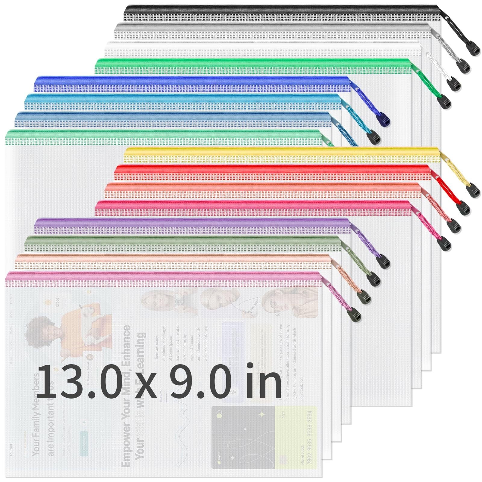 16 Pack Large Zipper Bags 16.9x12.4 in, A3 16 Colors Mesh Zipper ...