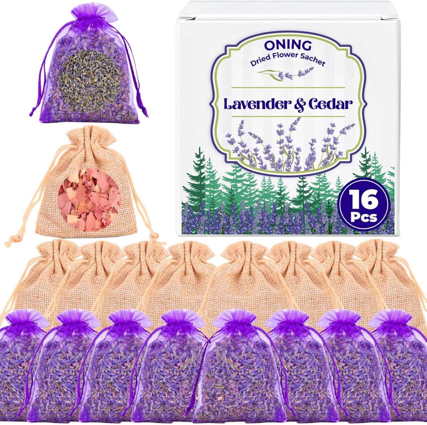 16 Pack Lavender Sachet Bags & Cedar Chips Set - 100% Natural Premium ...