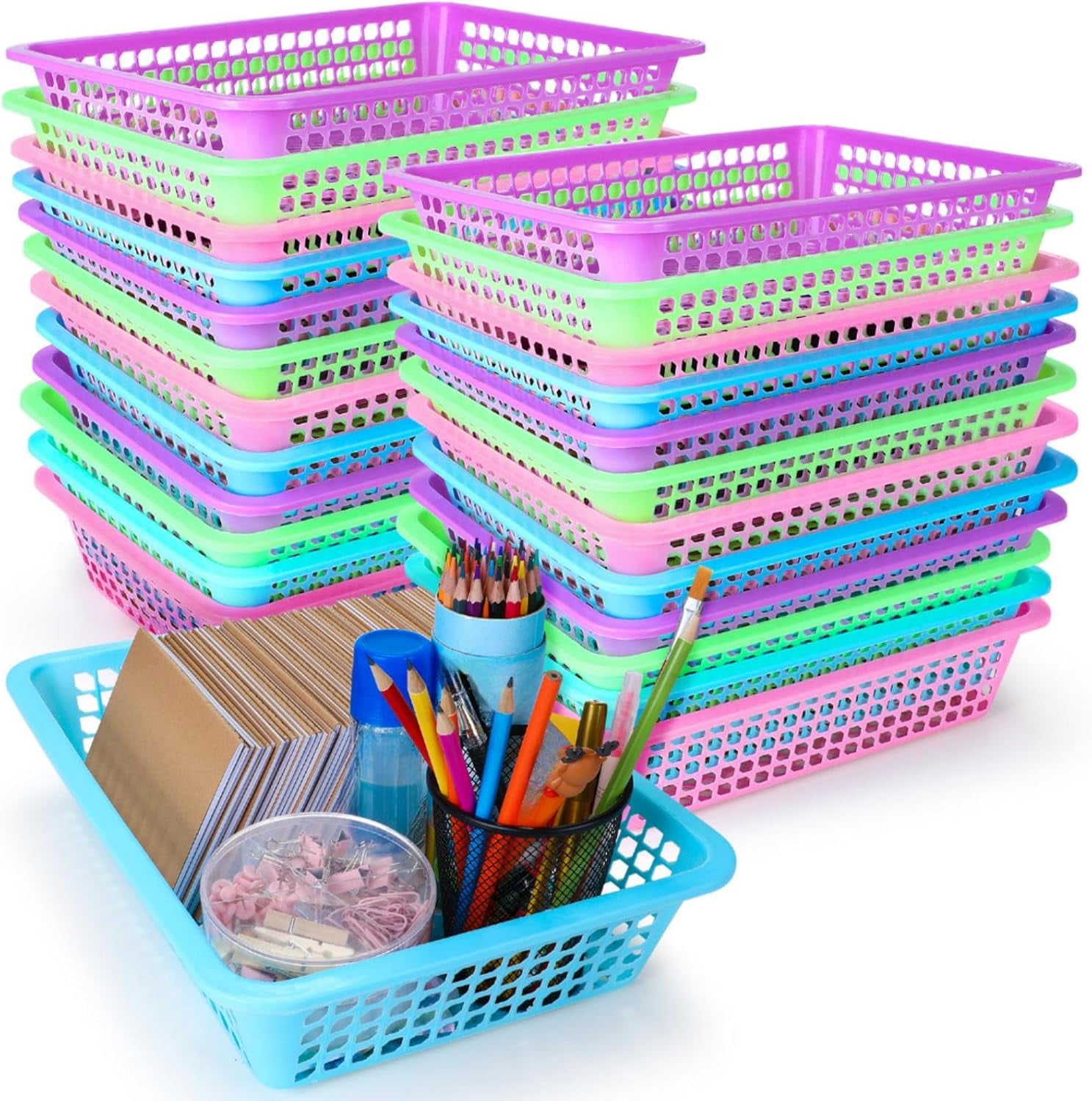 16 Pack Paper Organizer Basket, 13.5 x 10 x 3 Inch Plastic Mesh Bin ...