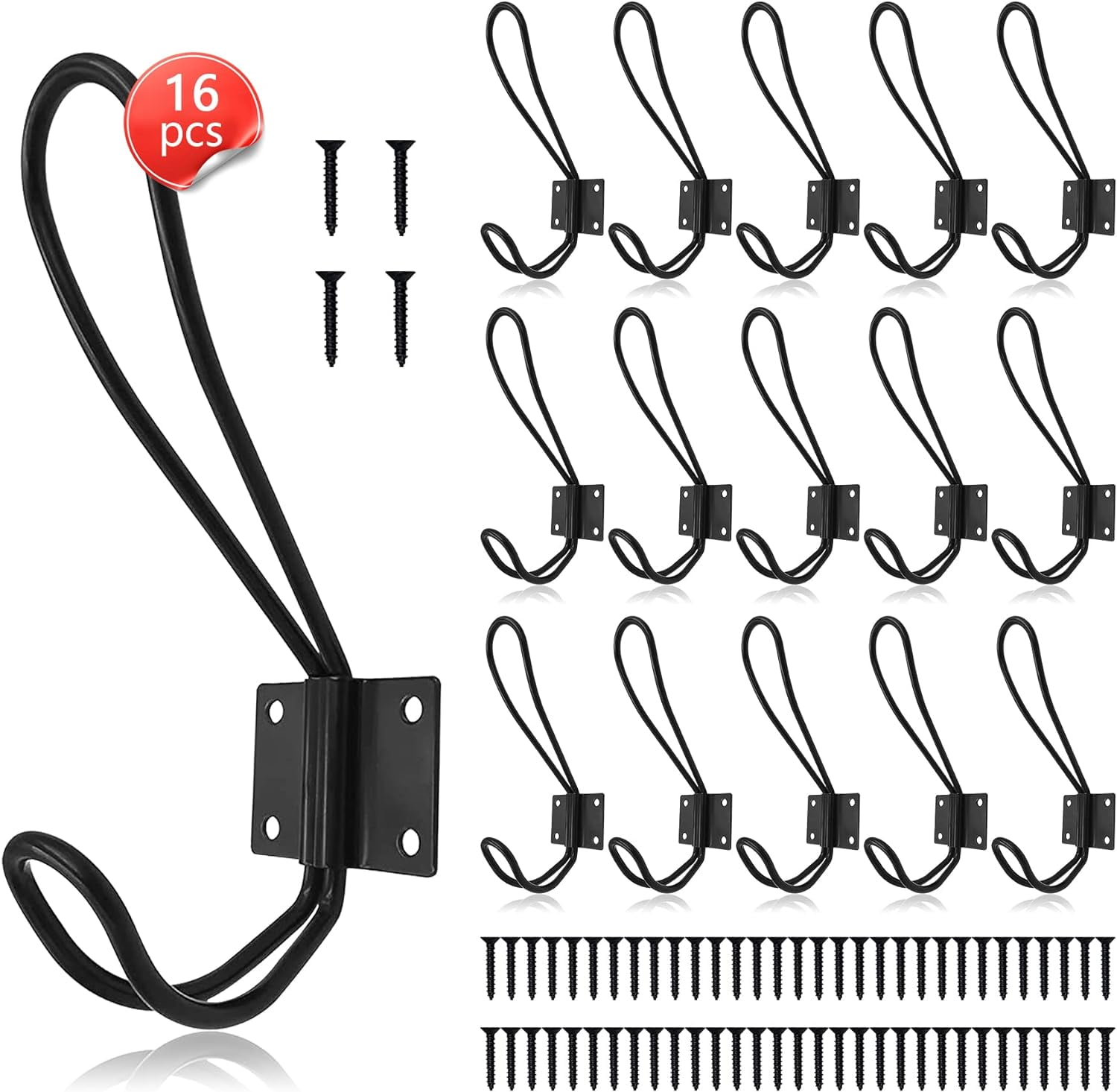 16-Pack Rustic Farmhouse Wall Hooks with Metal Screws, Black Decorative ...