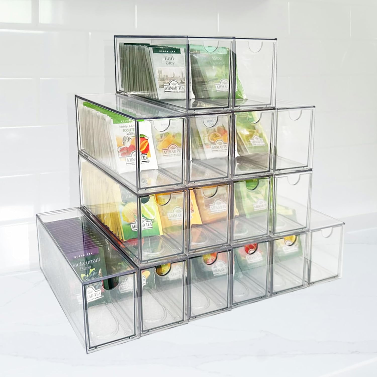 16-Pack Tea Bag Drawers Organizer - 16 Clear Plastic Drawer Tea Bag Holder; Stackable & Portable ...